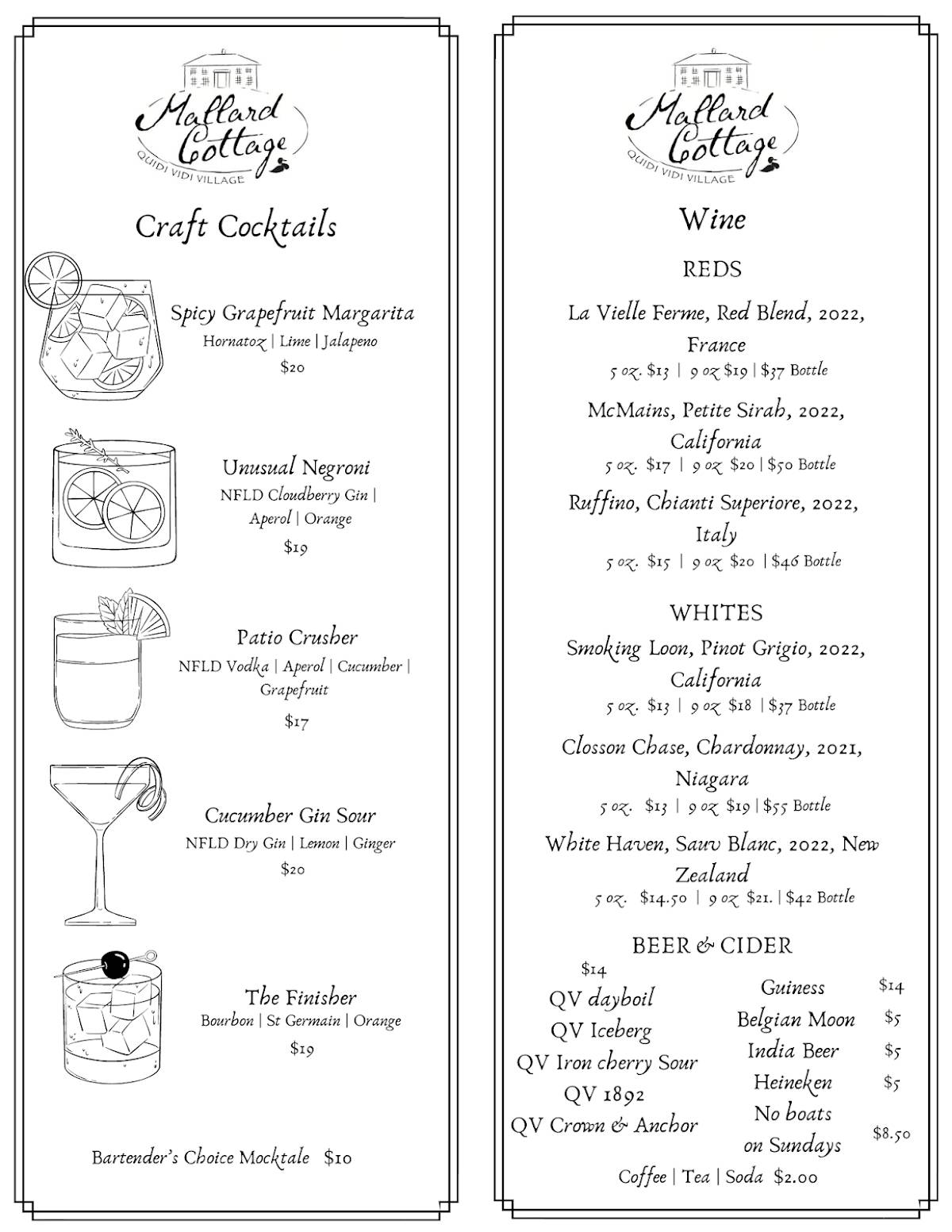 Menu at Mallard Cottage restaurant, St. John's