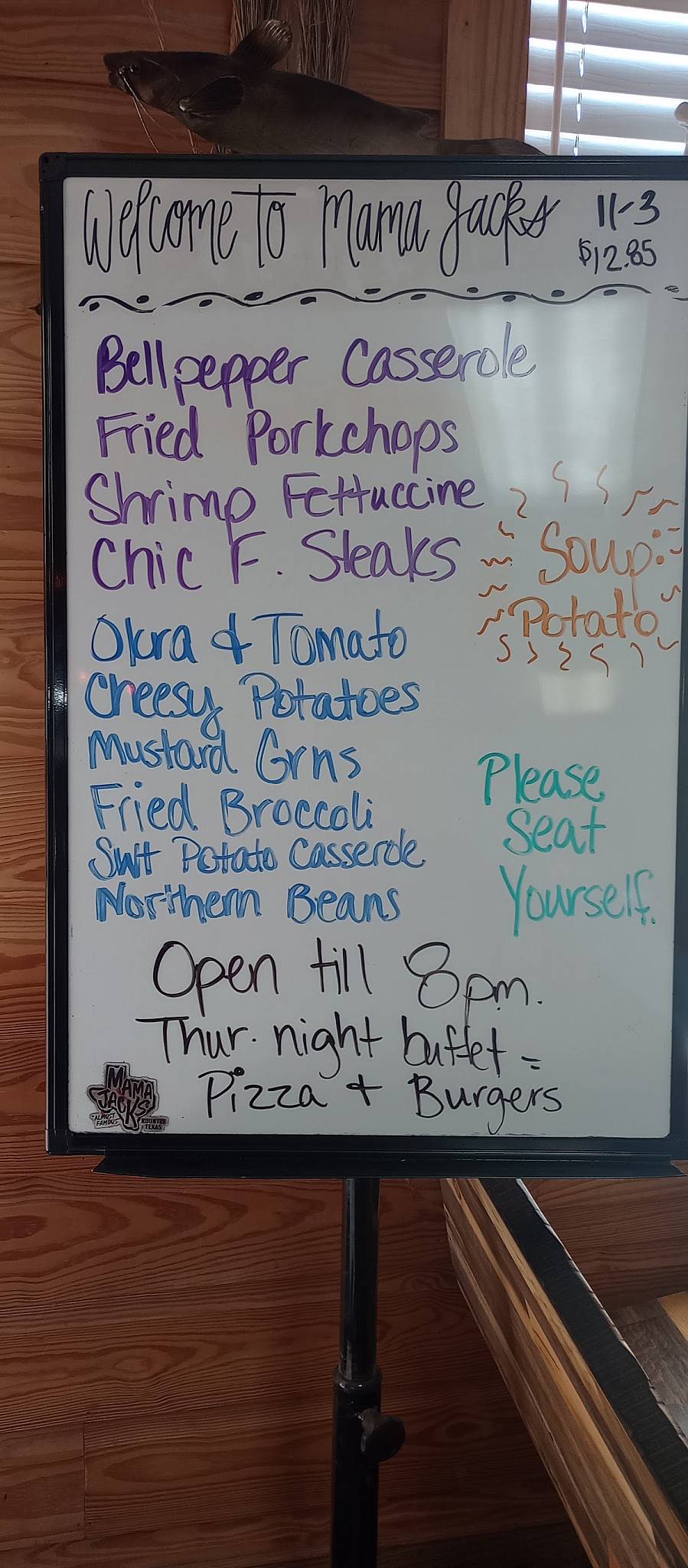 Menu at Mama Jack's restaurant, Kountze