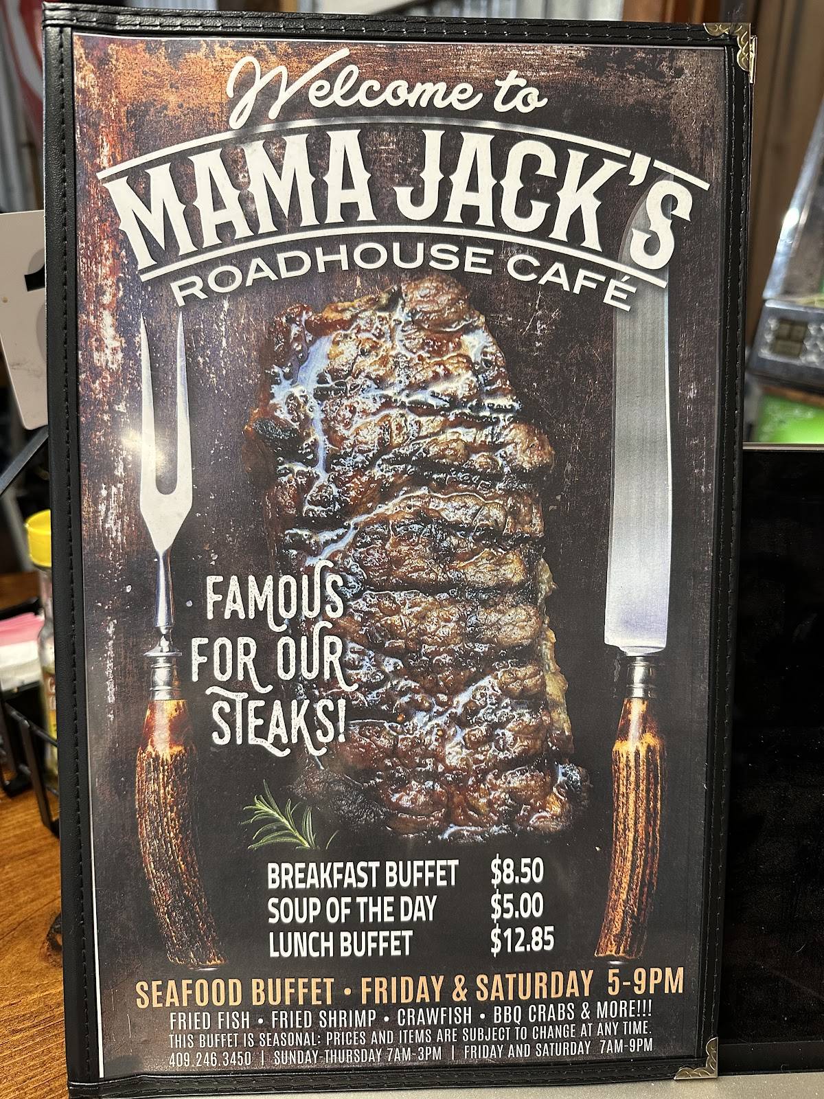 Menu at Mama Jack's restaurant, Kountze