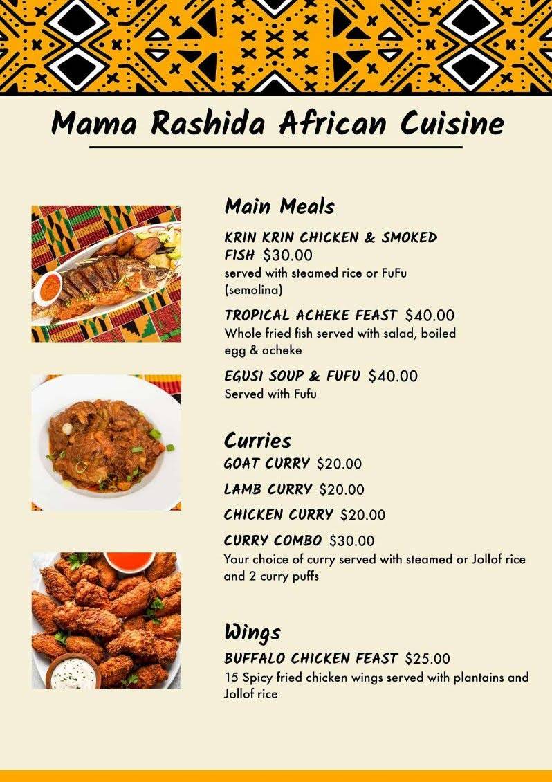 Menu at Mama Rashida's African Cuisine restaurant, Smithfield Plains