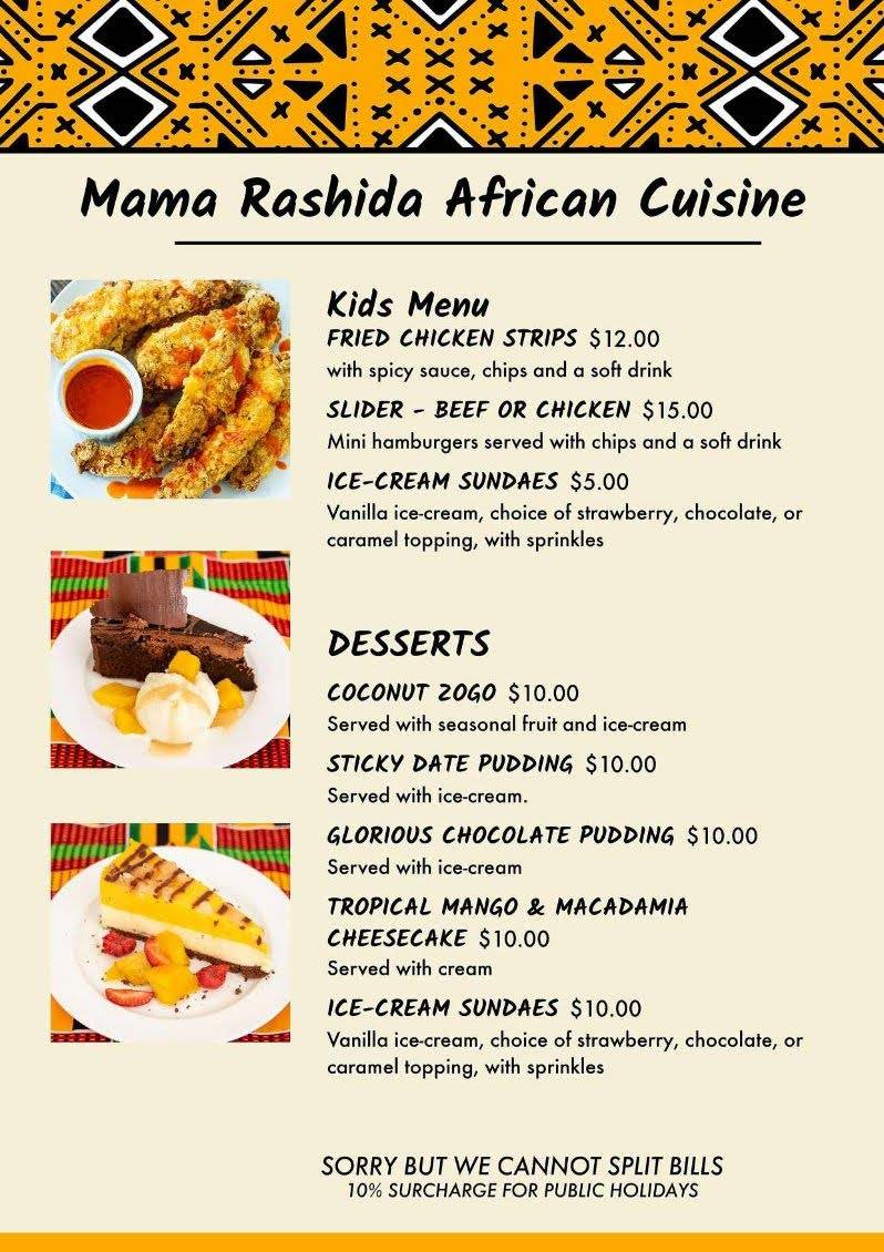 Menu at Mama Rashida's African Cuisine restaurant, Smithfield Plains