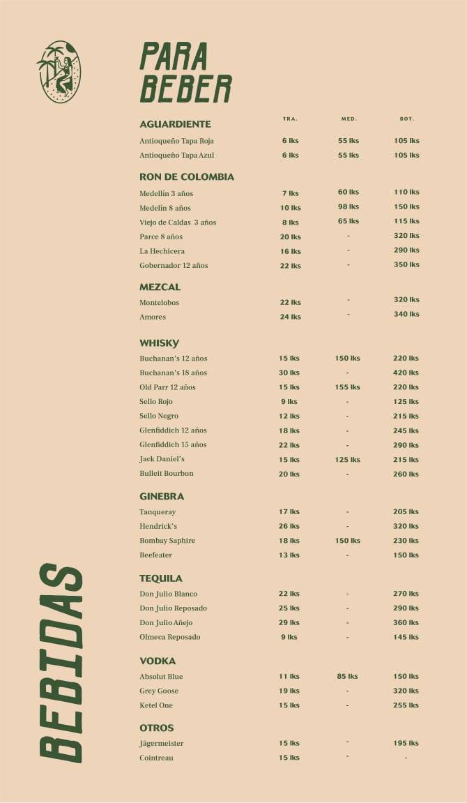 Carta del pub y bar Mamasita Medallo, Medellín