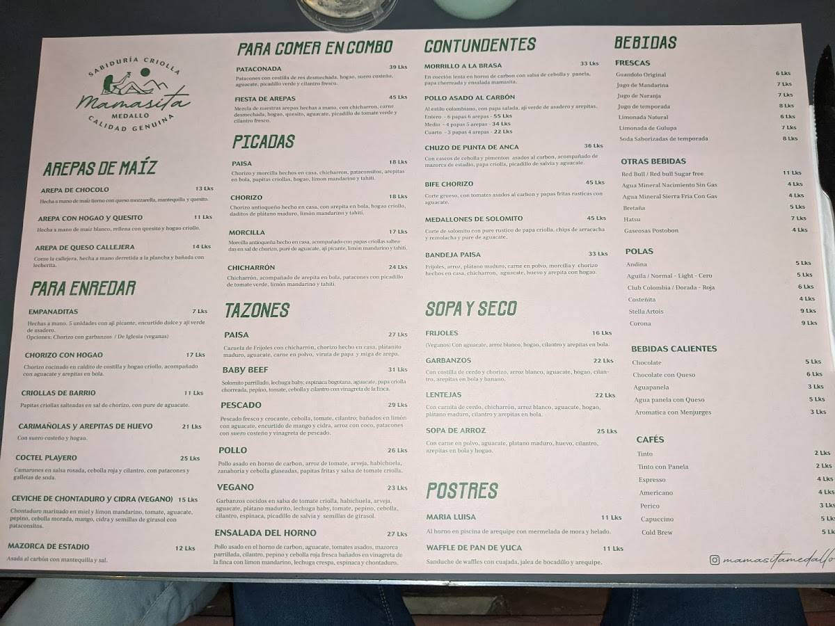 Carta del pub y bar Mamasita Medallo, Medellín