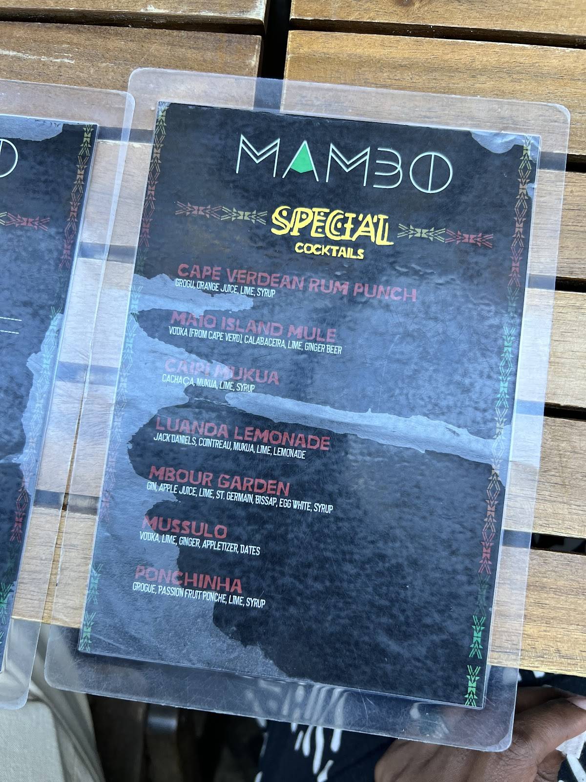 Menu at Mambo restaurant, Lisbon