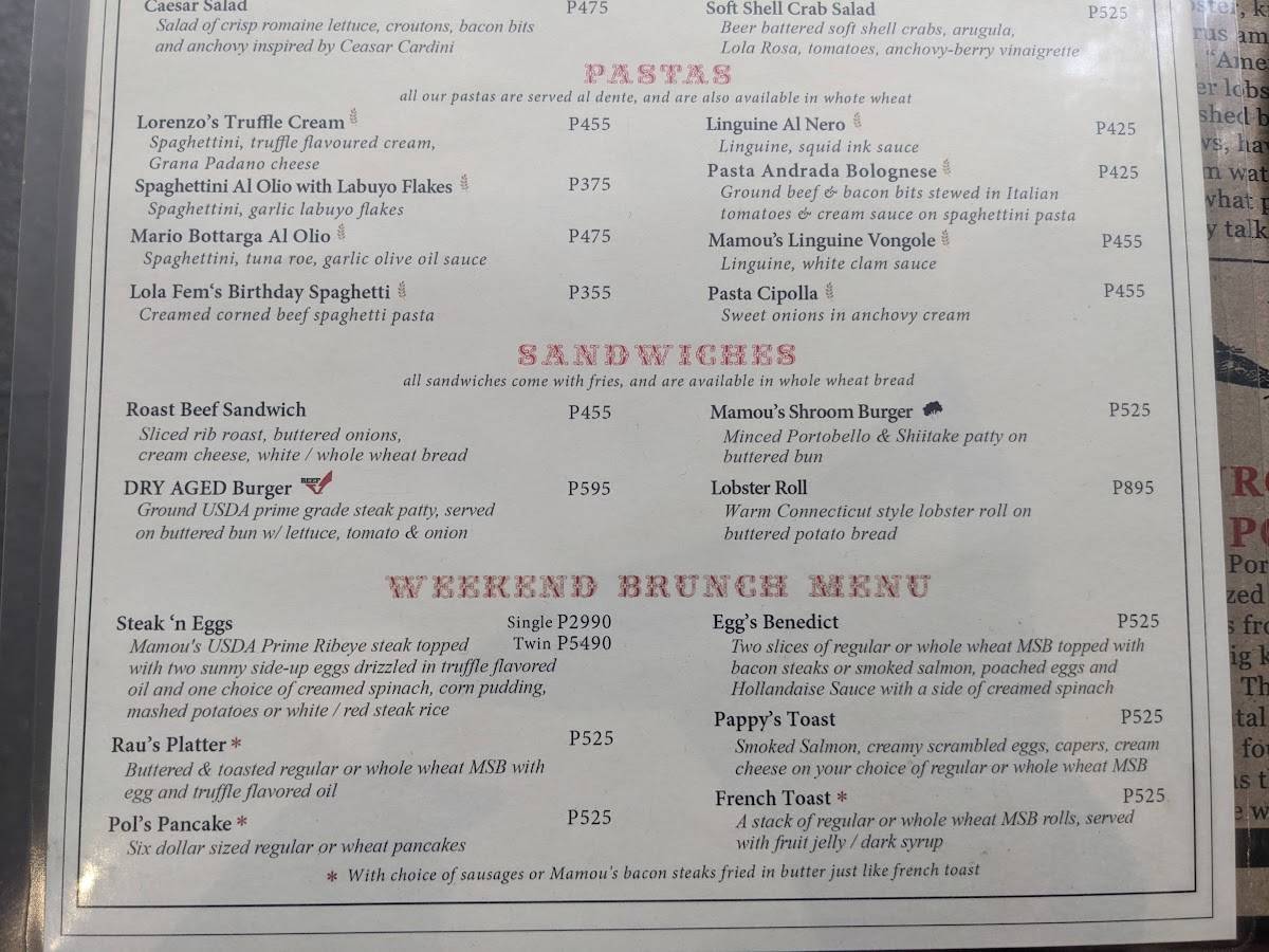 Menu at Mamou Too steakhouse, Makati, Power Plant Mall