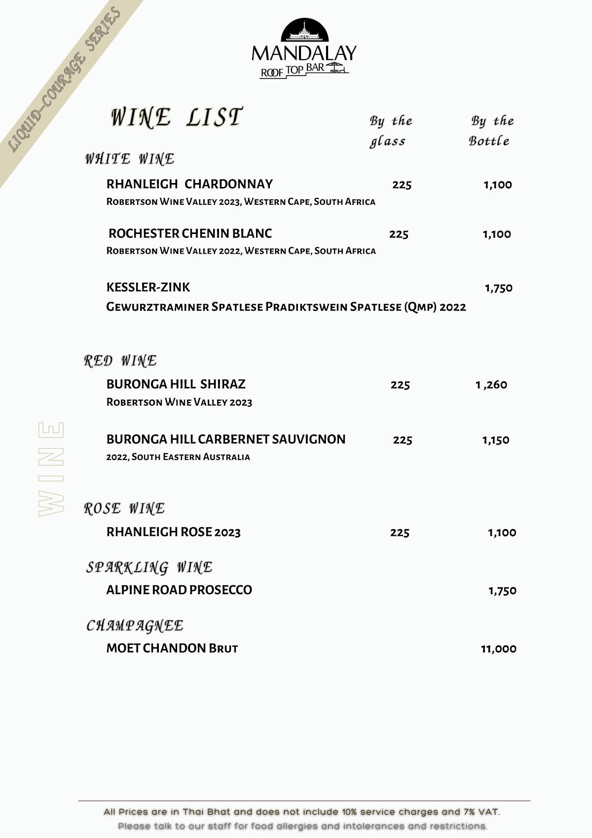 Menu at Mandalay Rooftop Bar, Bangkok