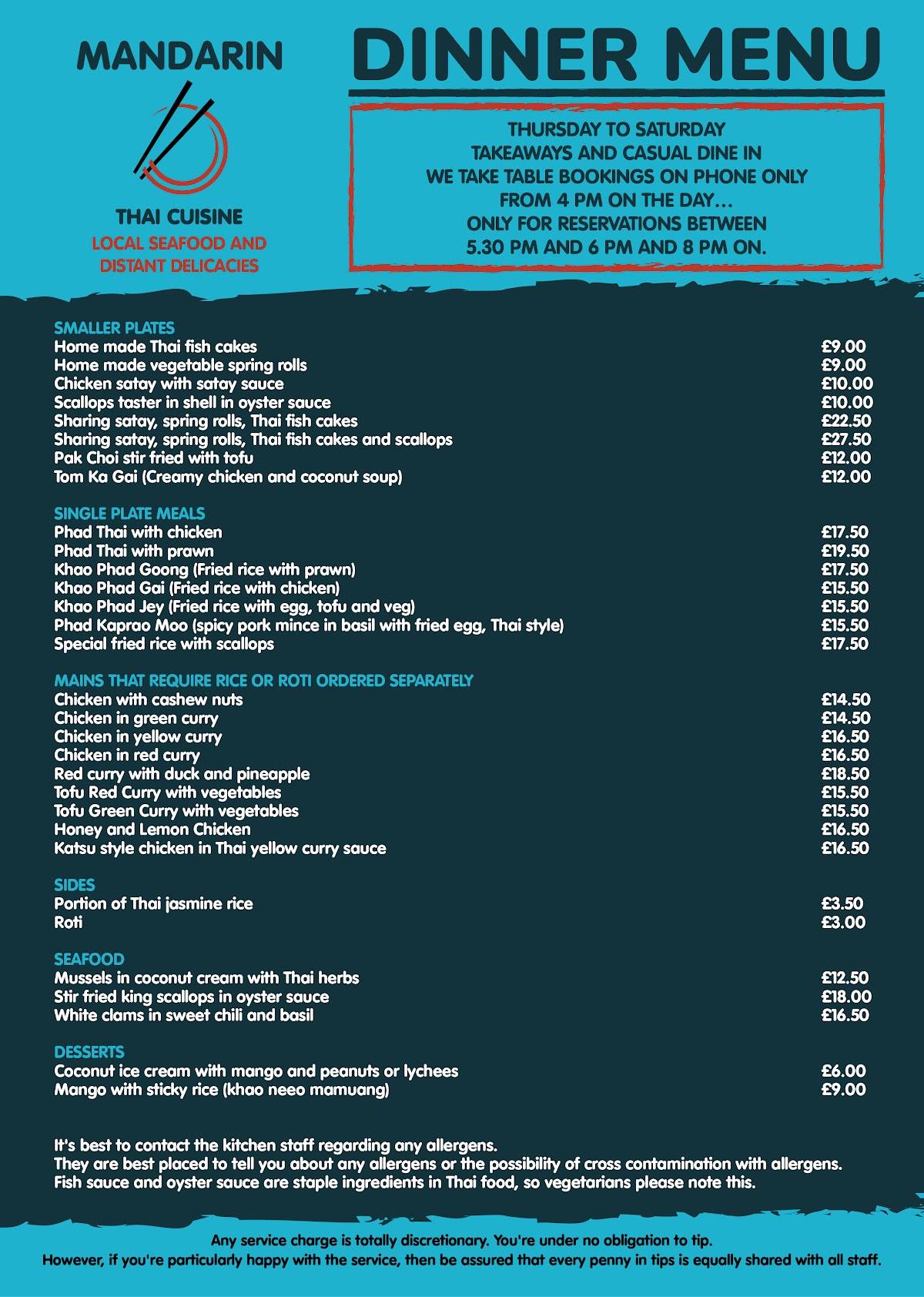 Menu at Mandarin Thai Cuisine restaurant, Oban