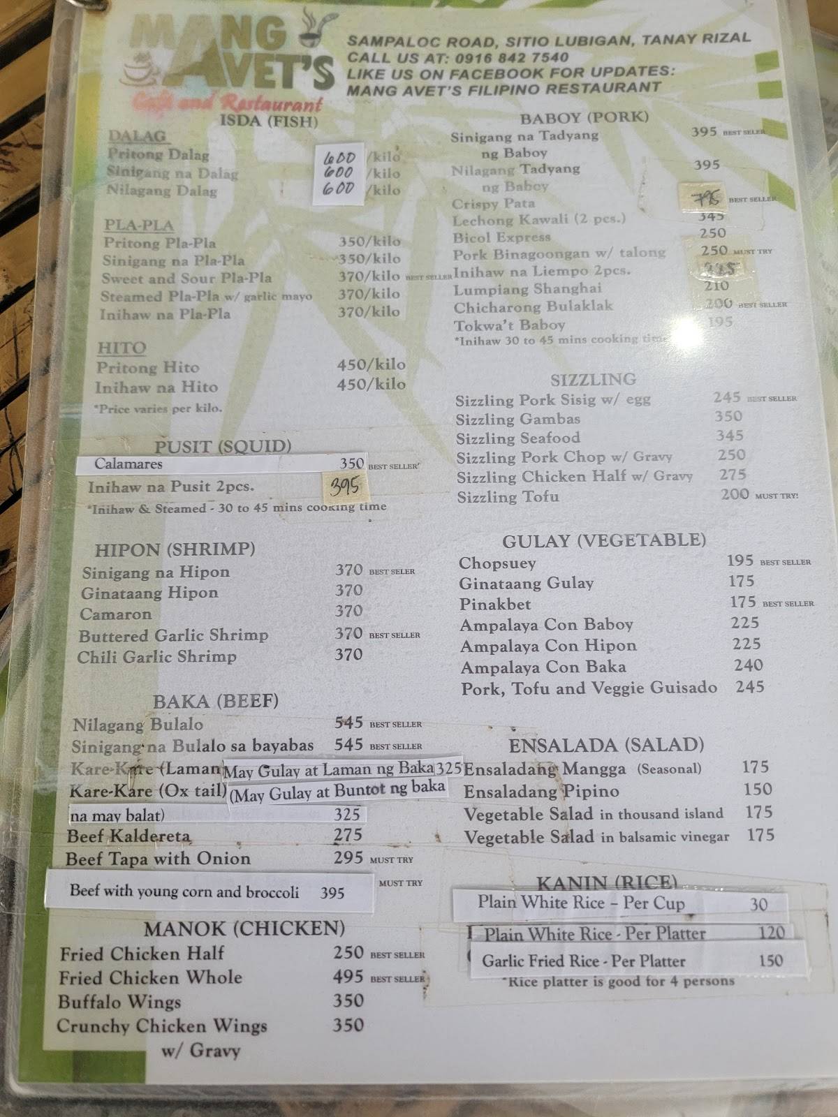 Menu at Mang Avet's Restaurant, Tanay