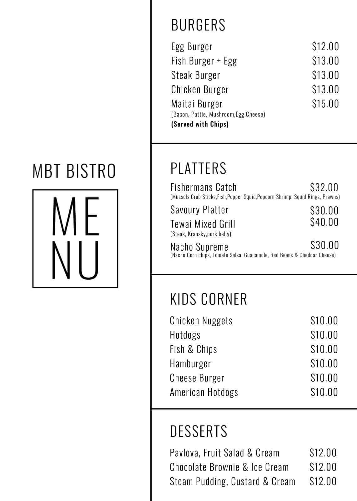 Menu at Mangere Bridge Tavern (The Wanderers Club), Auckland