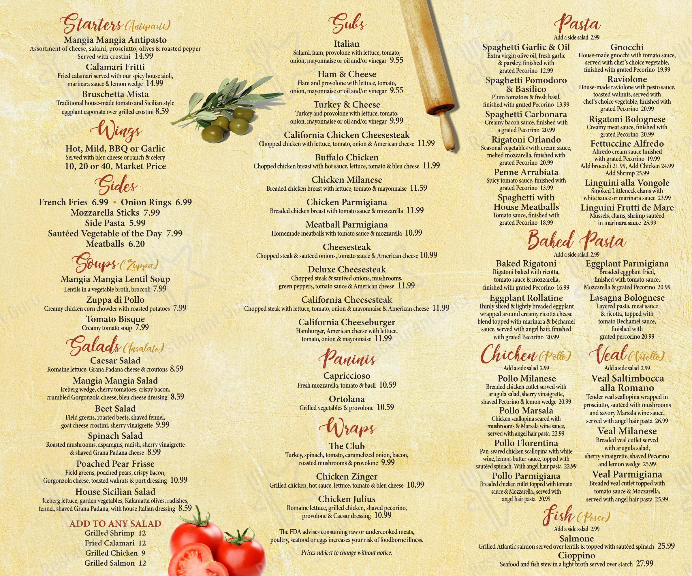 Menu at Mangia Mangia Hershey PA restaurant, Hershey, Elizabethtown Rd