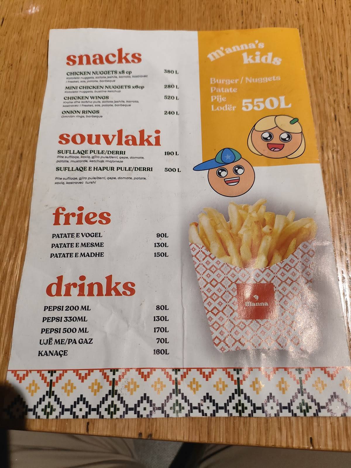 Menu at M'anna restaurant, Tirana