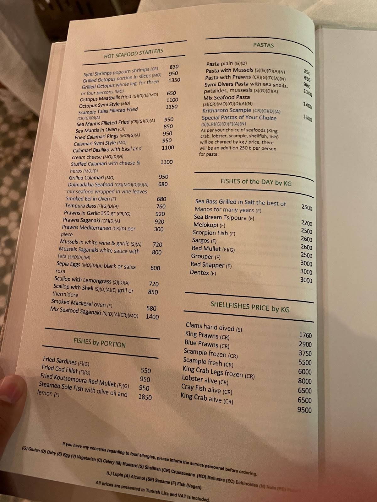 Menu at Manos, Turkey, Hisarönü Mah. Datça Yolu Hisarönü Mevki D Maris ...