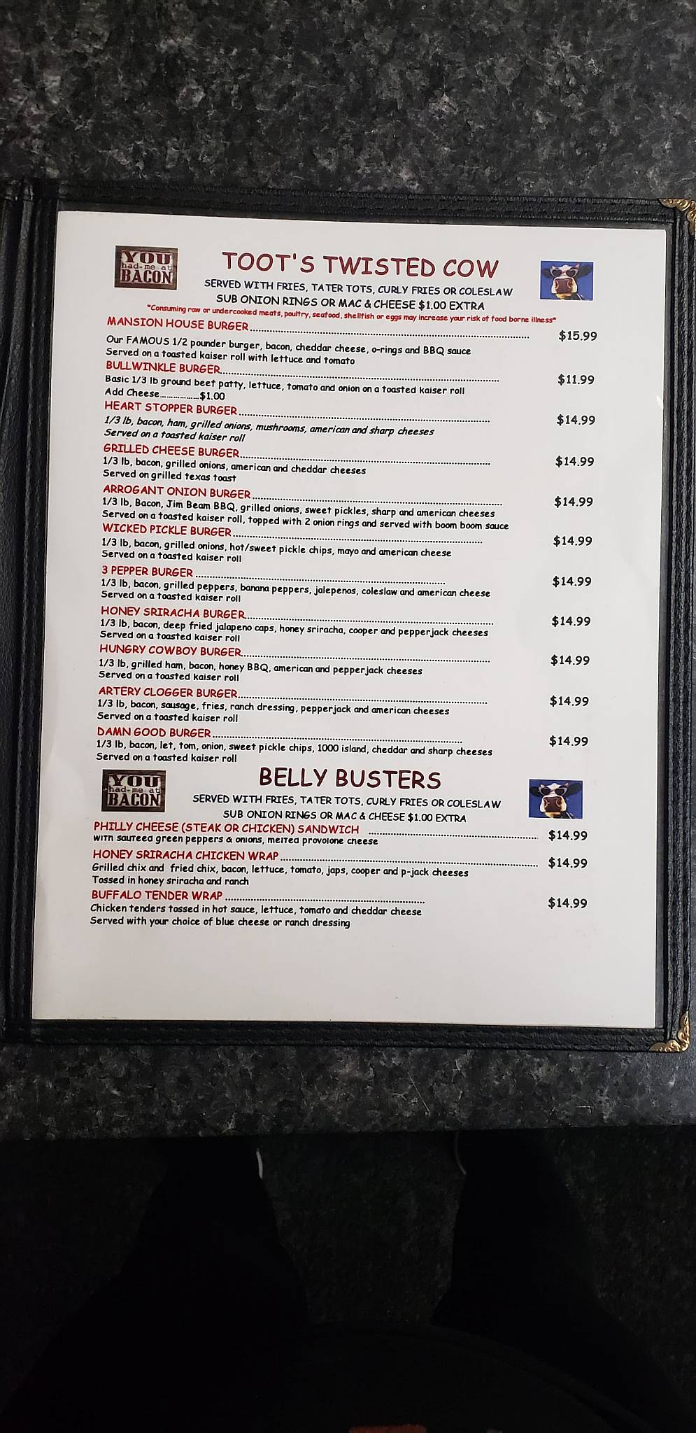 Menu at Mansion House pub & bar, Watsontown