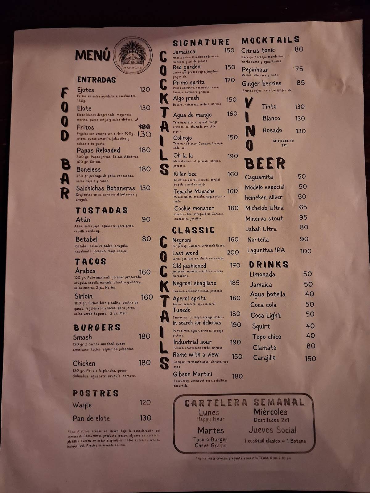 Carta de Mapache cocktail room & rooftop bar, San Pedro Garza García