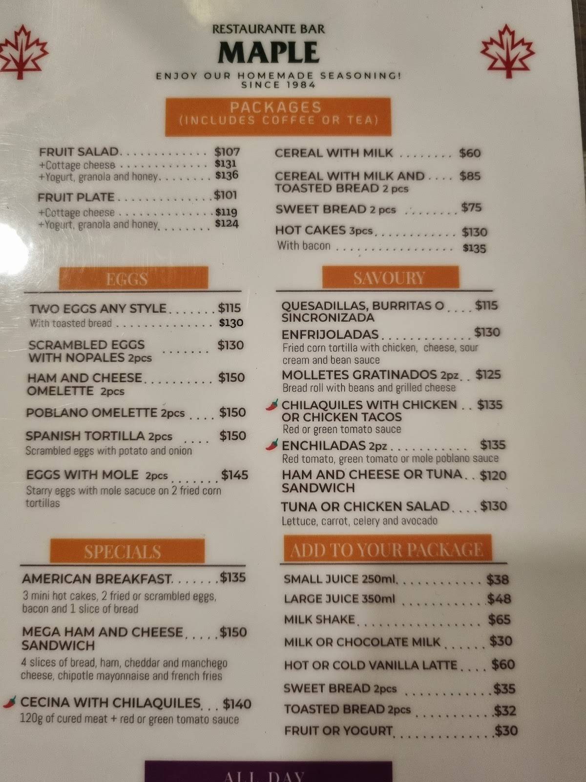 Carta de Restaurante Maple, Ciudad de México