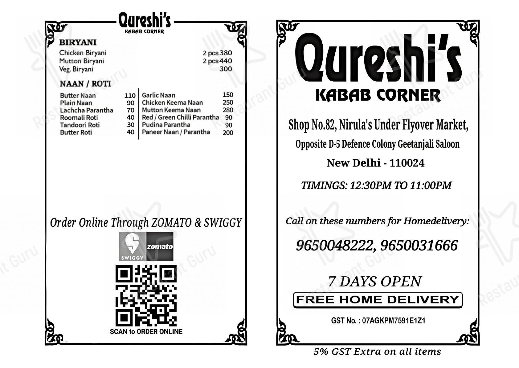 Menu at Maqbul Qureshi's Kabab Corner, New Delhi, Shop No. 82
