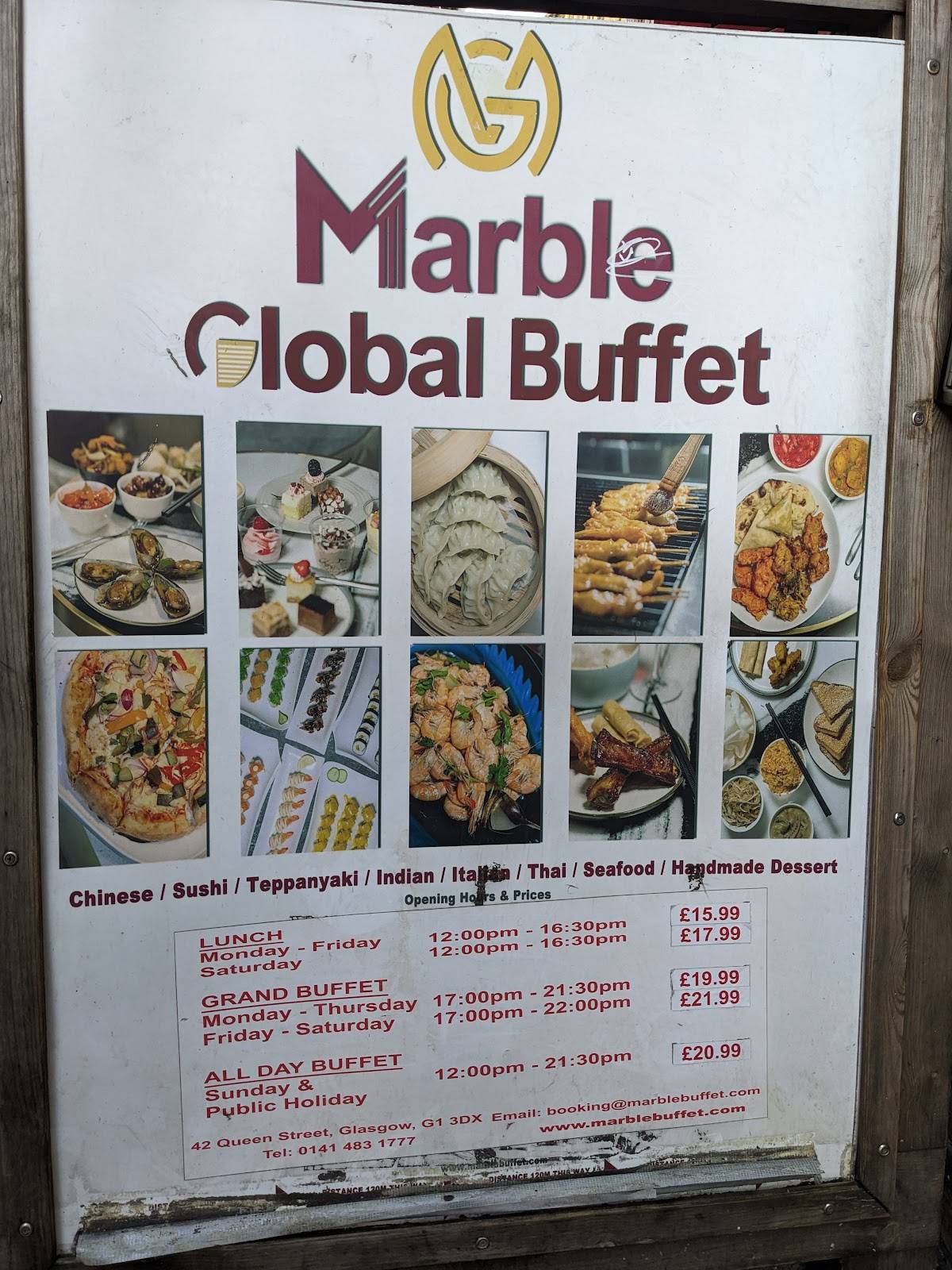 Menu at Marble Global Buffet restaurant, Glasgow