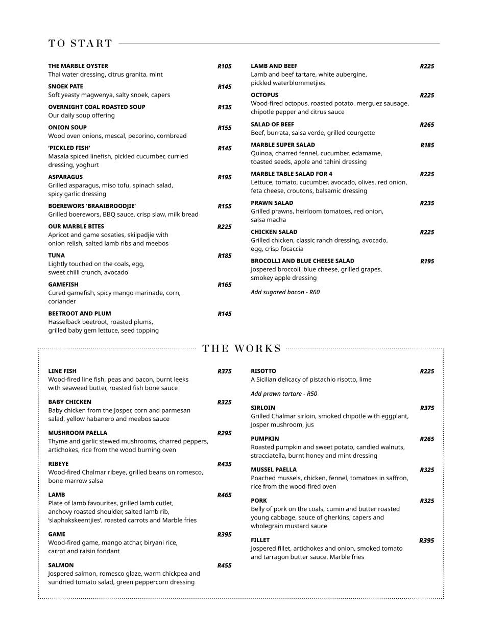 Menu at Marble Restaurant, Cape Town