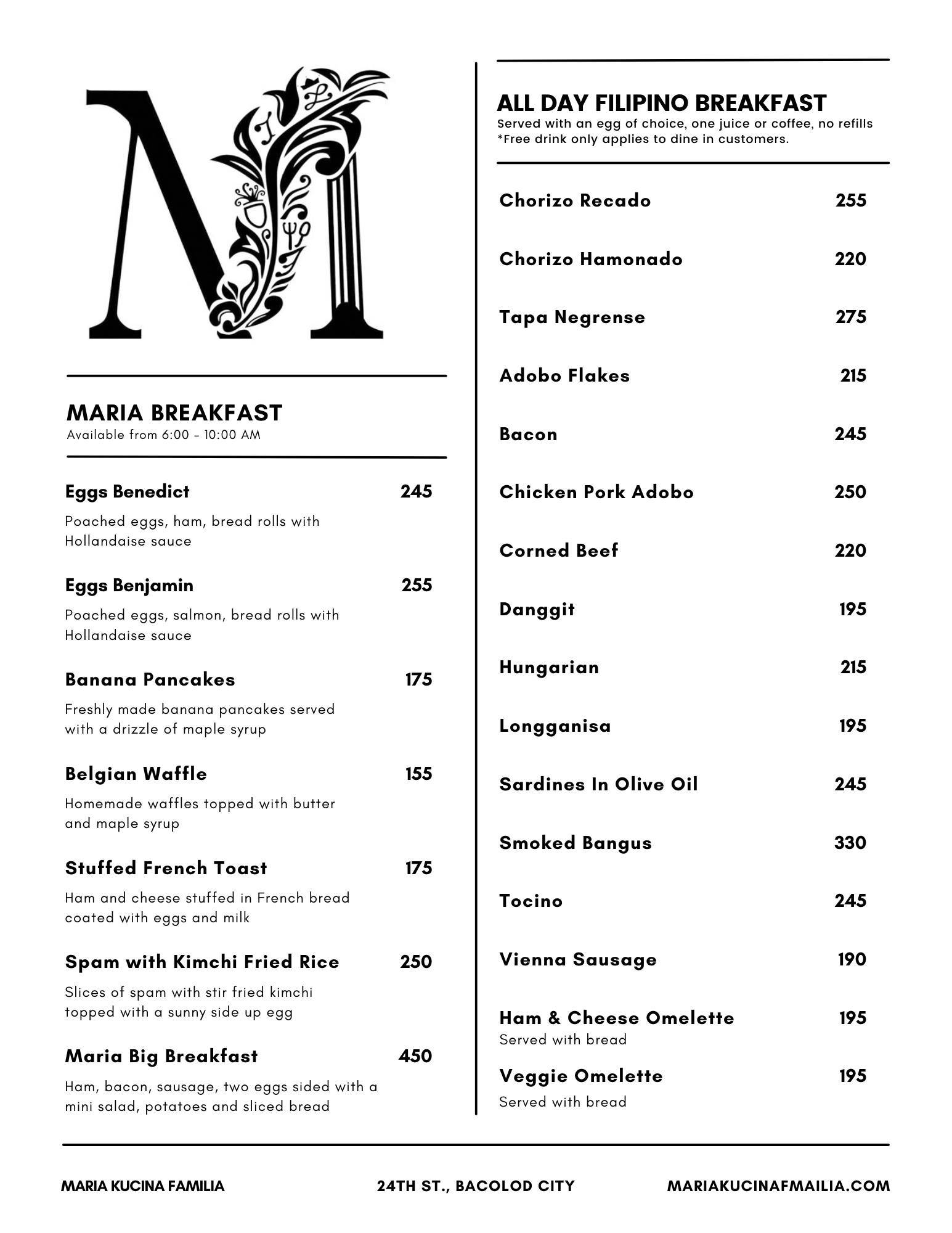 Menu at Maria Kucina Familia restaurant, Bacolod, MXP4+5FM