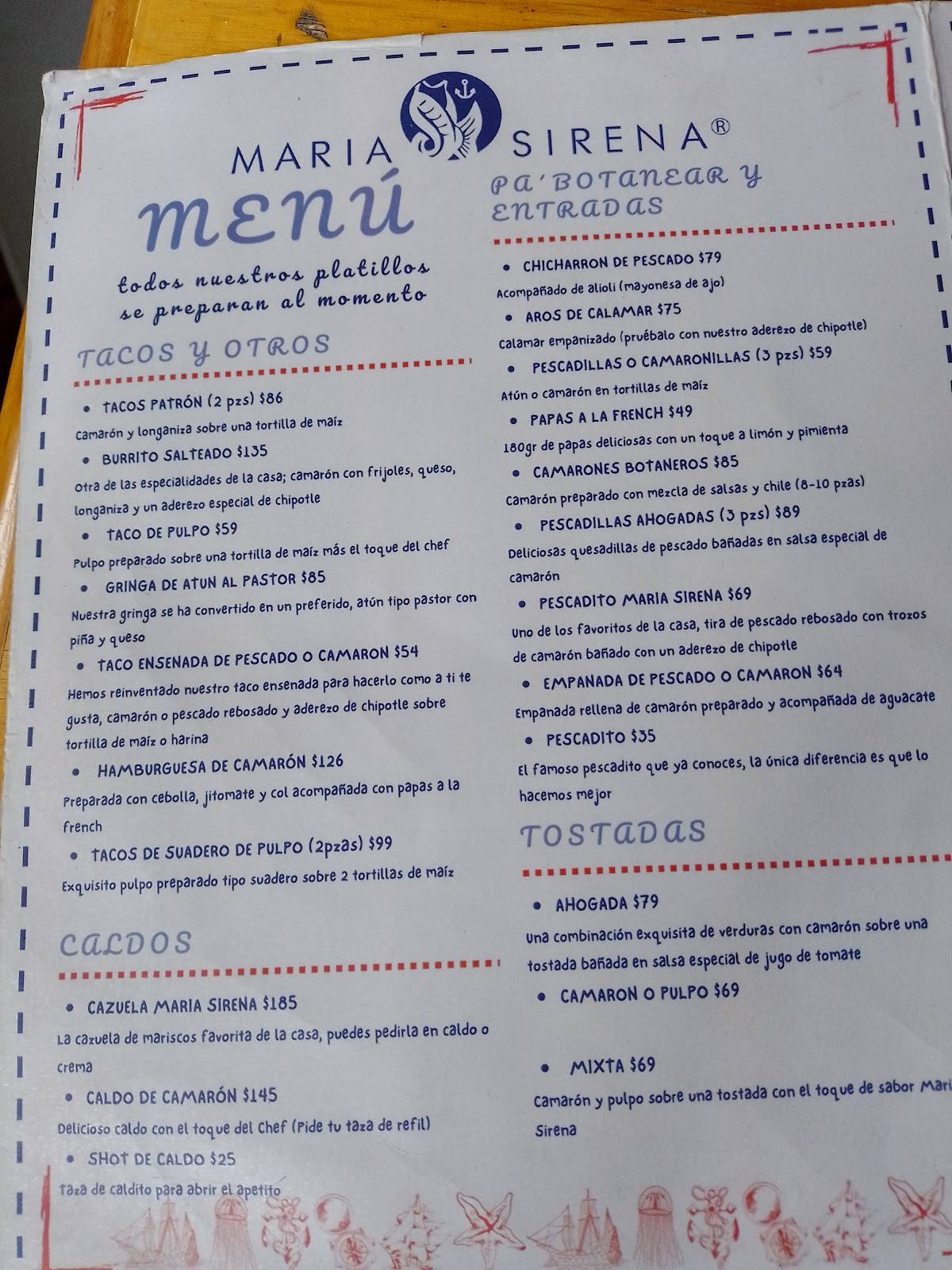 Carta del restaurante María Sirena, Ciudad López Mateos, Av. Aquiles ...