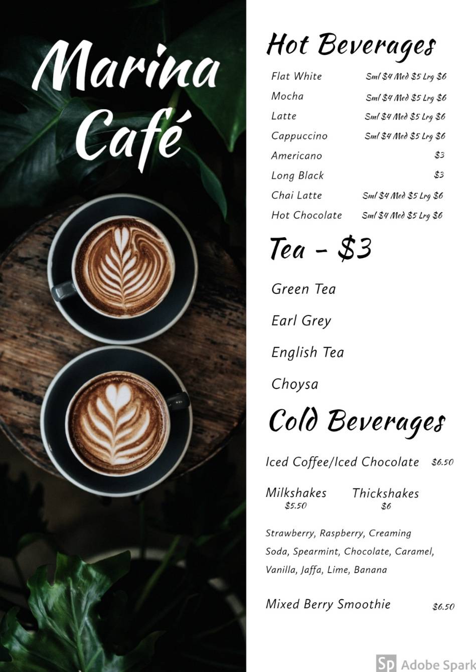 Menu at Marina Cafe, Tauranga