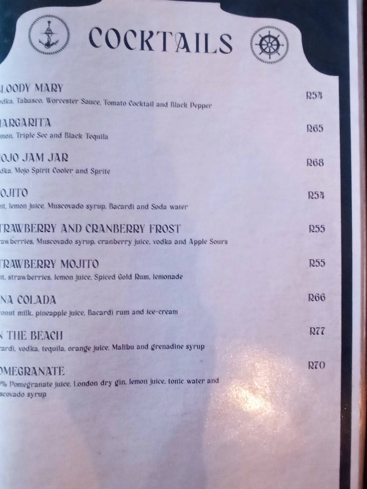 Menu at Marina Nina's restaurant, Jeffreys Bay