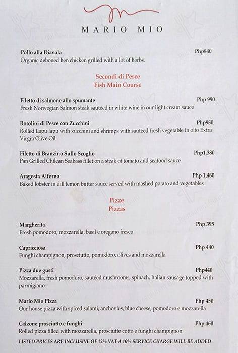 Menu at Mario Mio restaurant, Silang, 5XV7+3HF