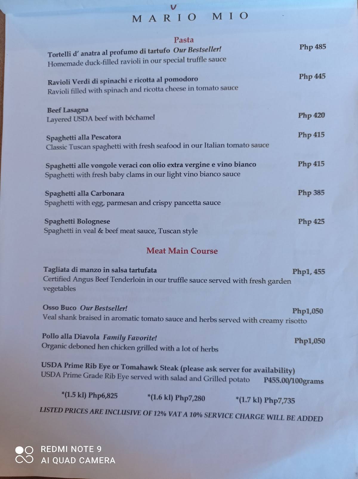 Menu at Mario Mio restaurant, Silang, 5XV7+3HF