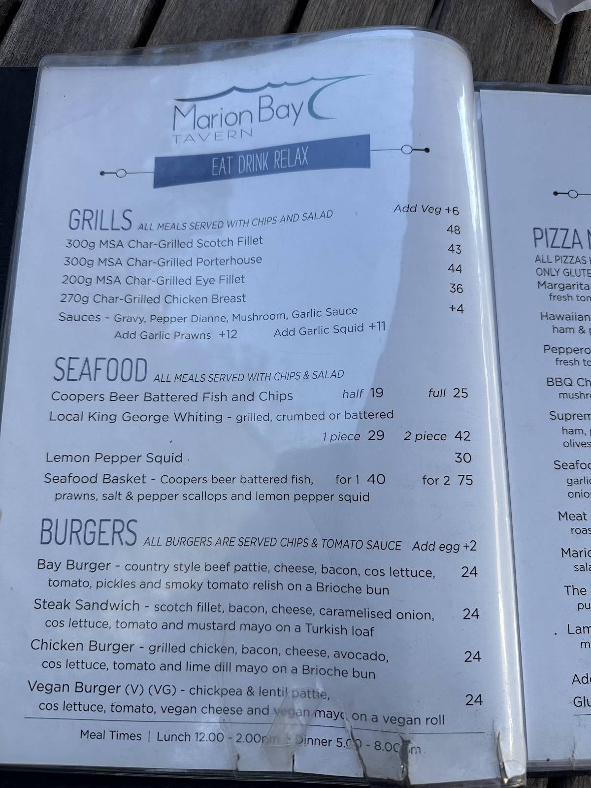 Menu at Marion Bay Tavern restaurant, Marion Bay, 5 Stenhouse Bay Rd