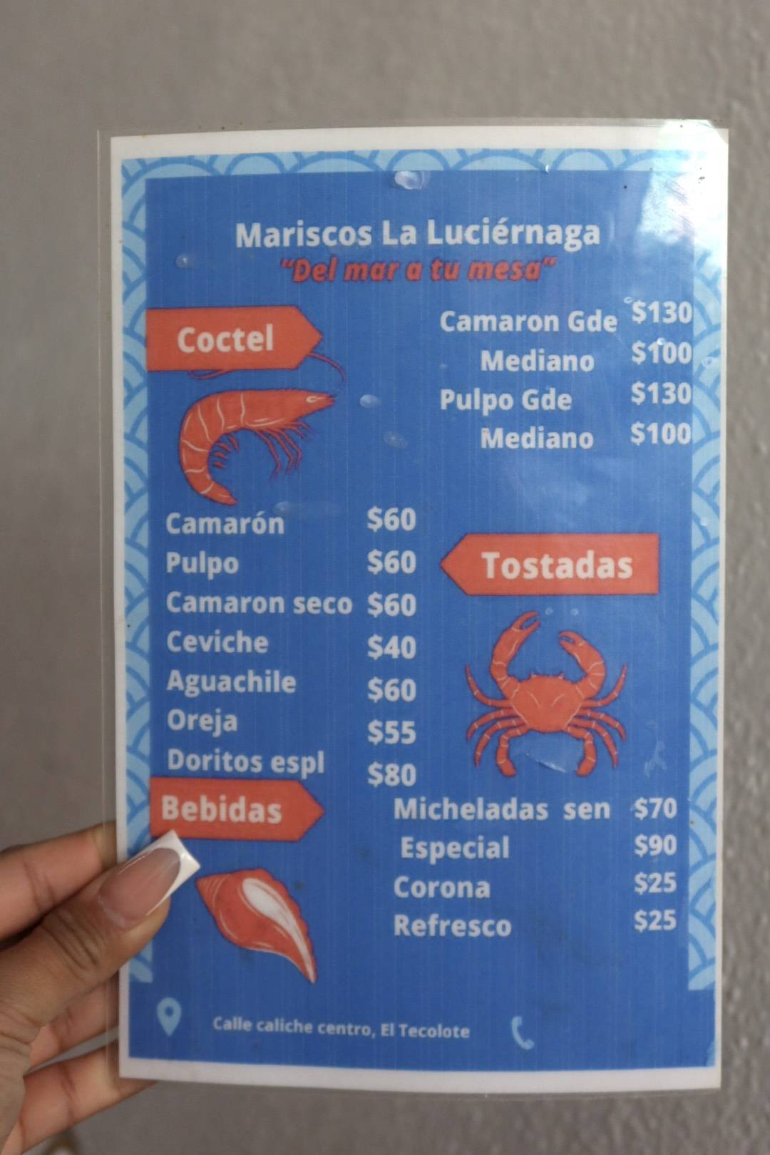 Carta del restaurante Mariscos "La luciernaga", El Tecolote