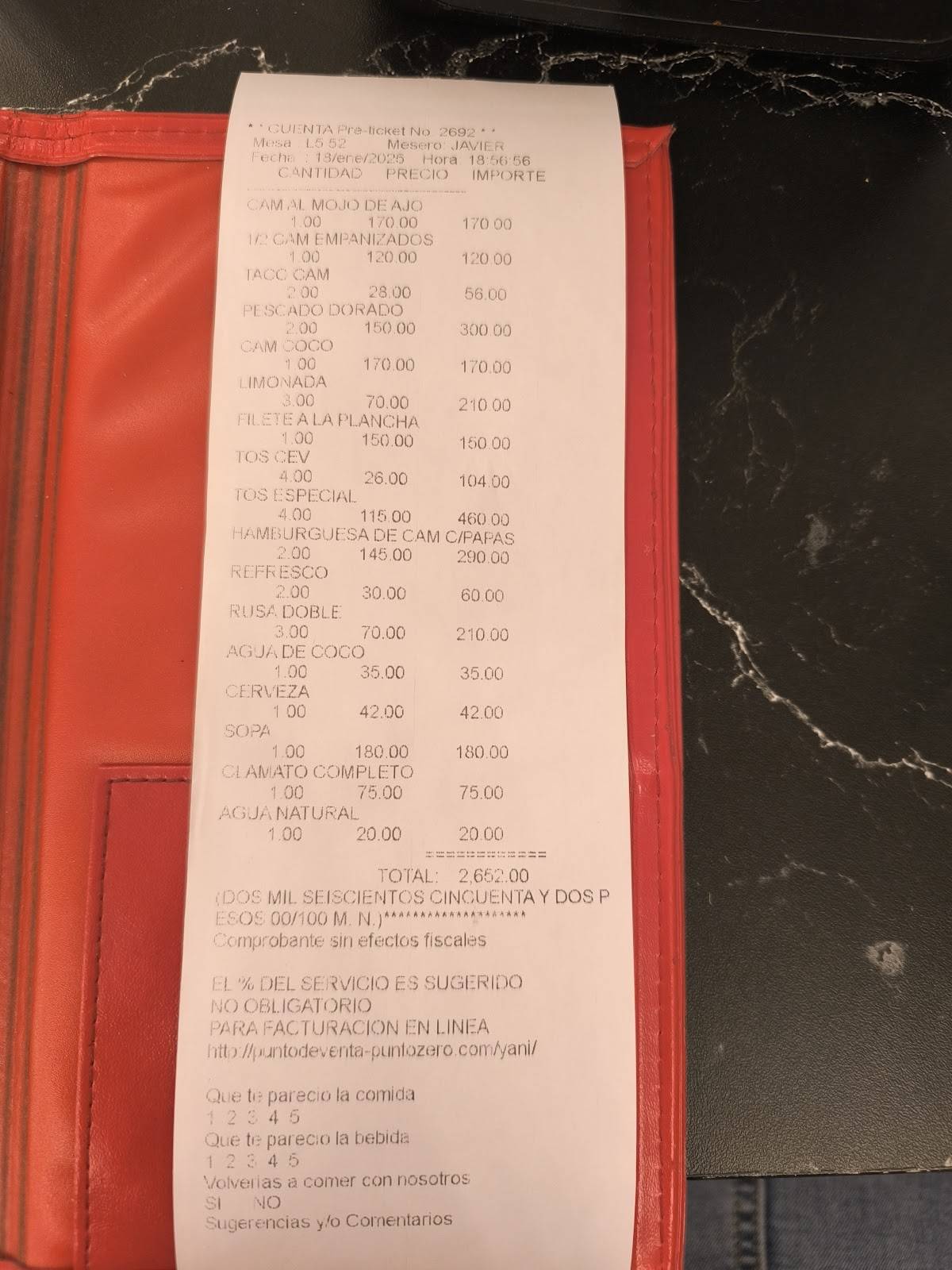 Carta del restaurante Mariscos Yani, Guadalajara, Martin Alonso 1365