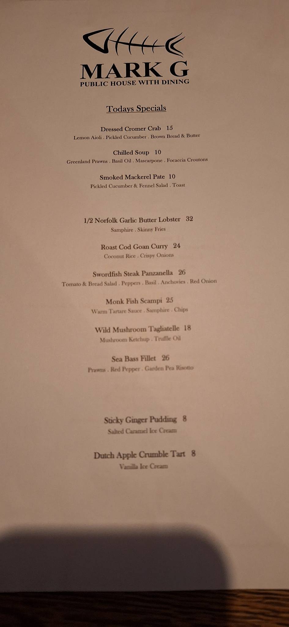 Menu at MarkG restaurant, Lowestoft, 133a High St