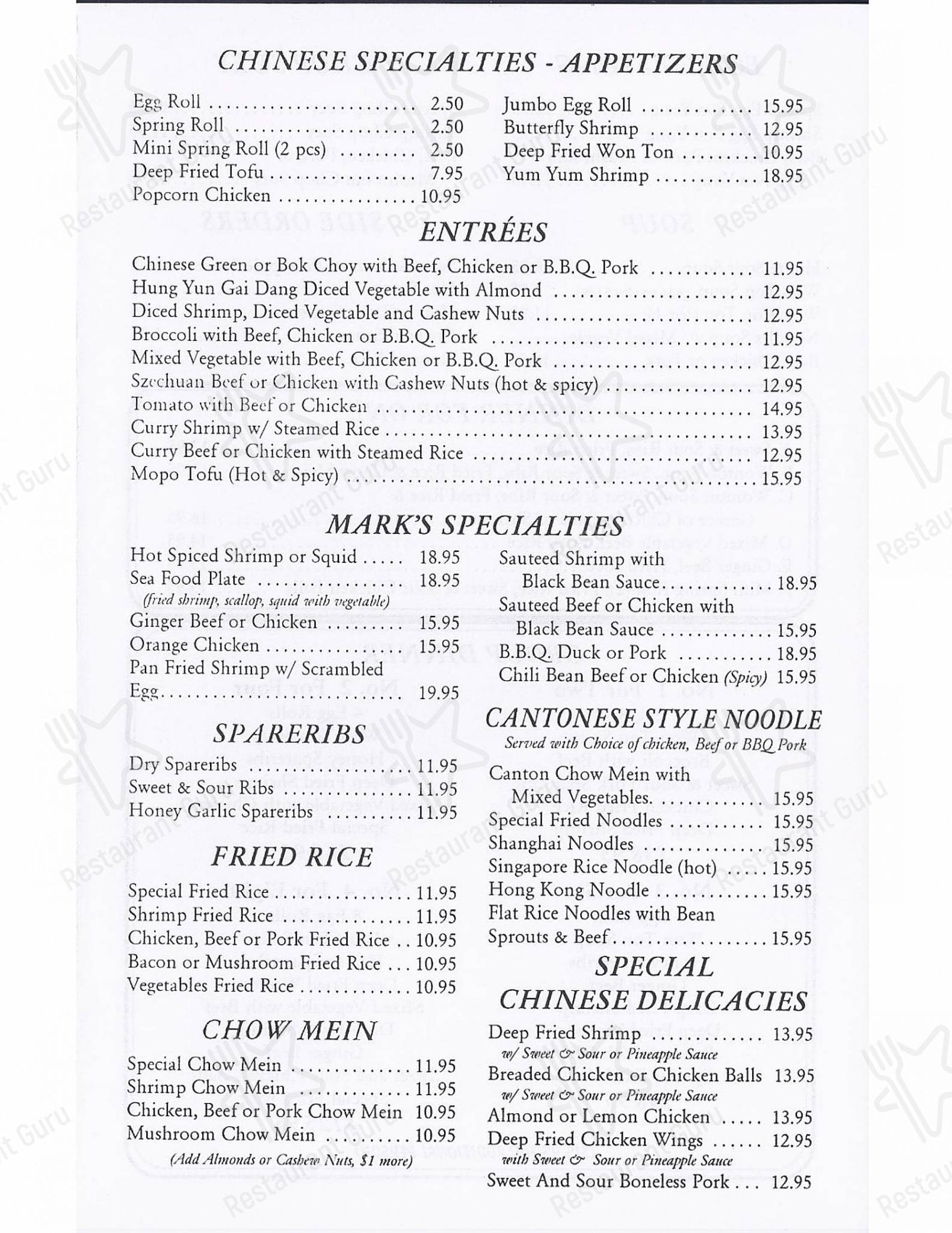Menu at Mark's Family Restaurant, Yellowknife