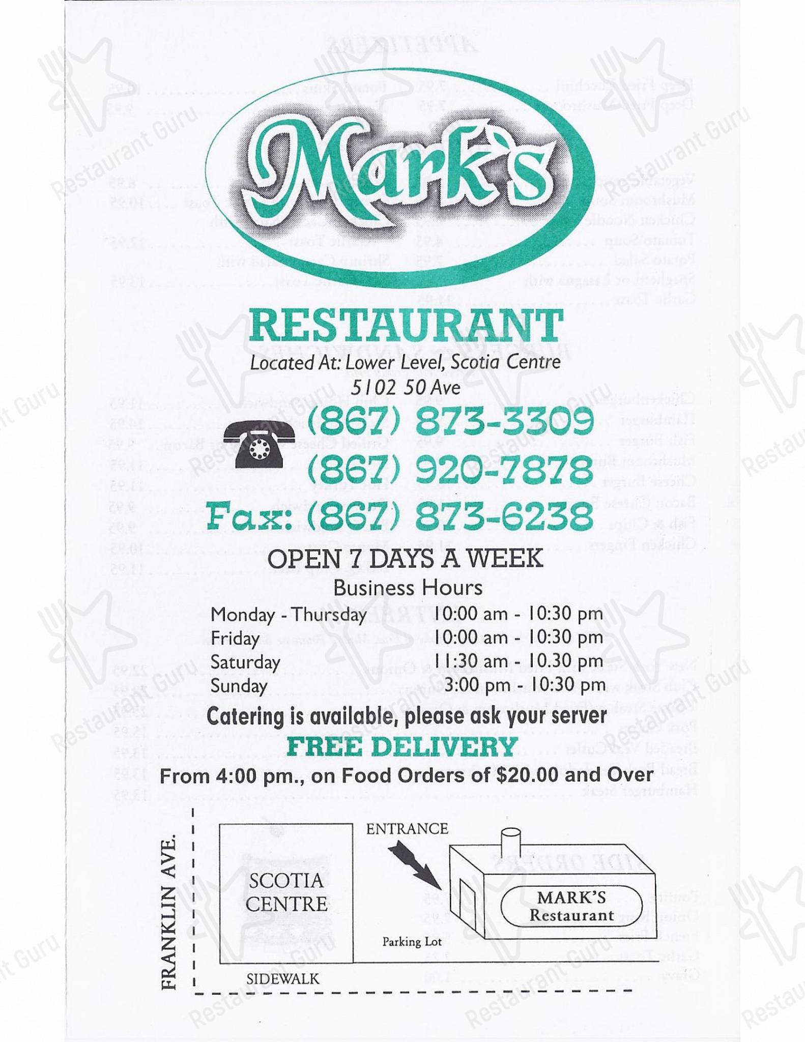 Menu at Mark's Family Restaurant, Yellowknife