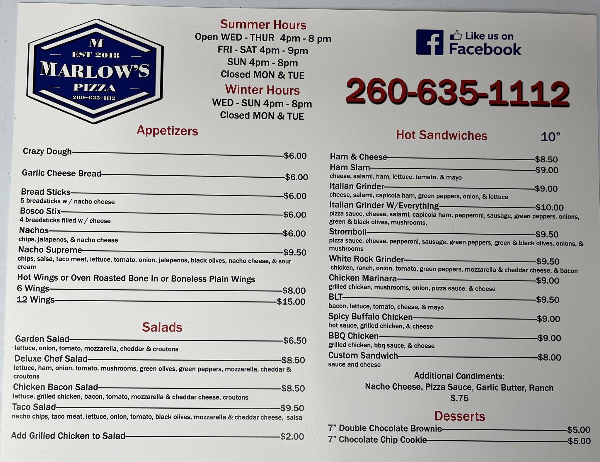 Menu at Marlow's Pizza pizzeria, Wolflake