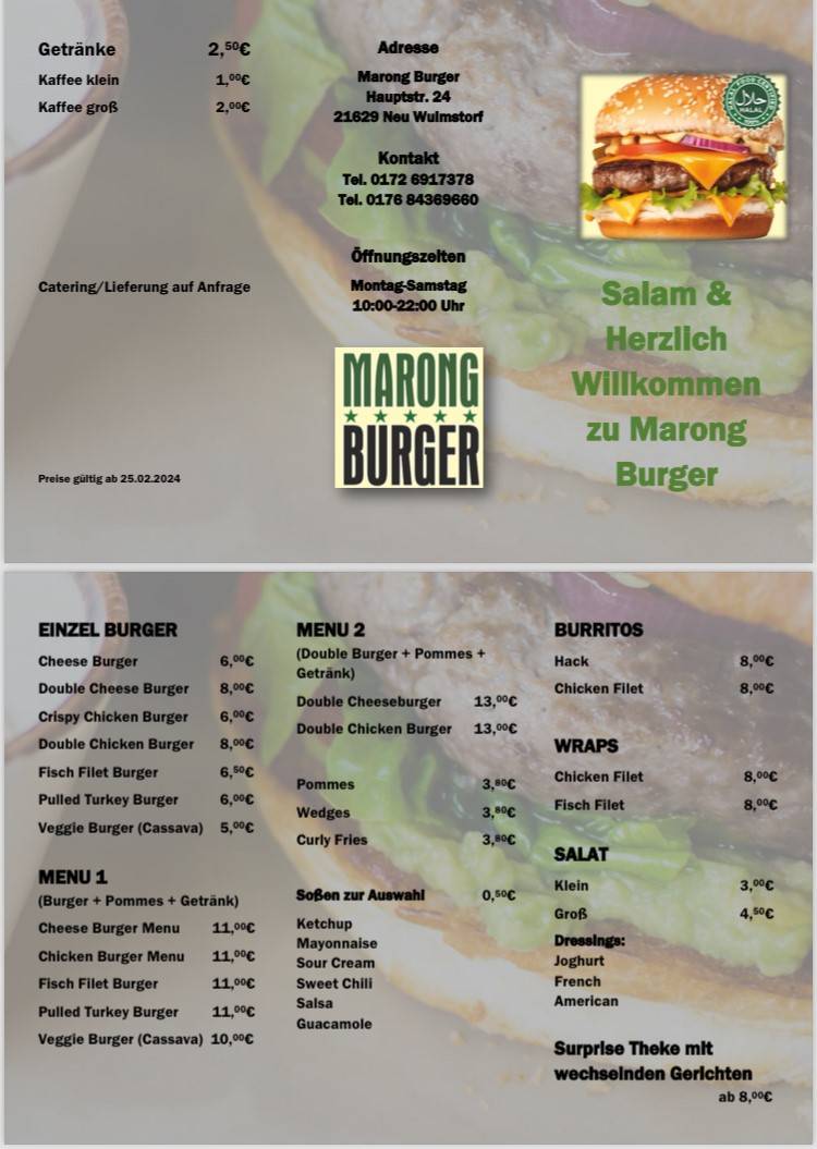 Speisekarte von Marong Burger restaurant, Neu Wulmstorf