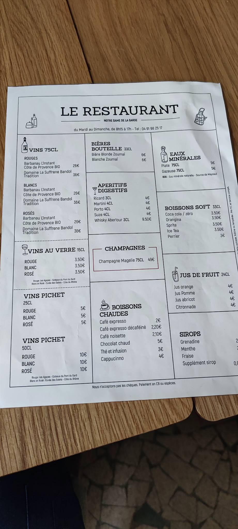 Menu au L'eau Vive café, Marseille