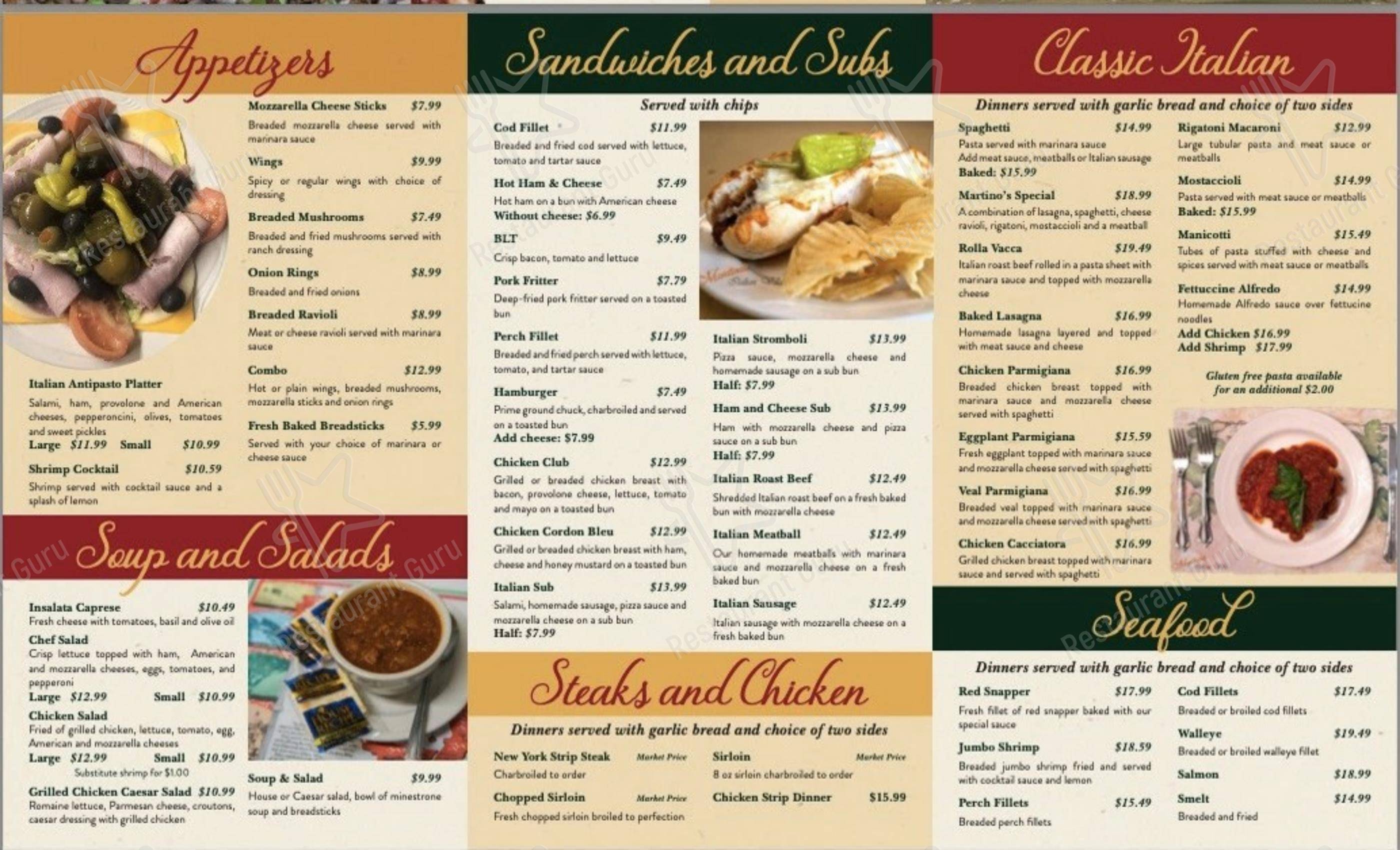 Menu at Martino's Italian Villa steakhouse, Kokomo
