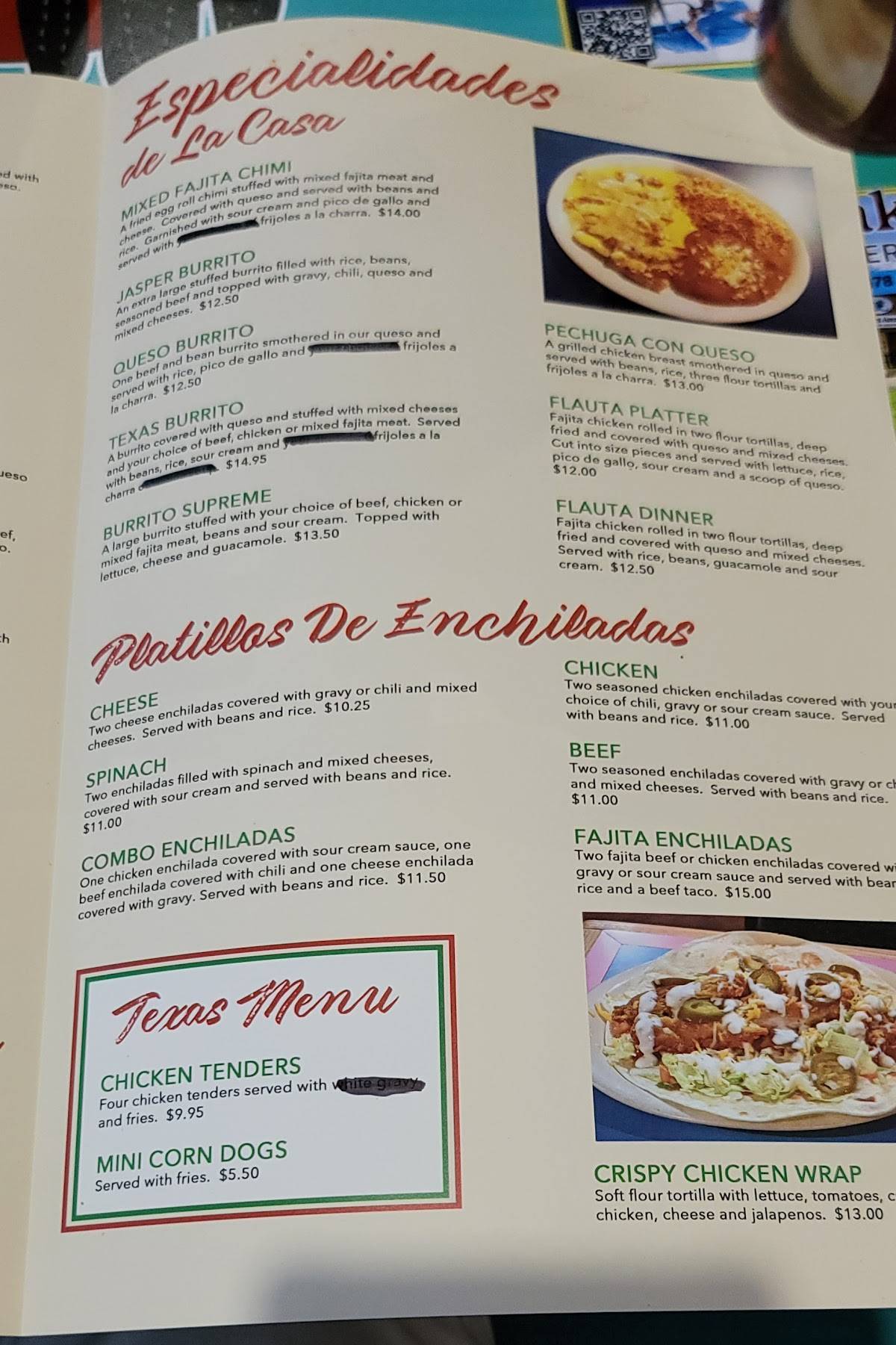 Menu at Martin's Mexican Restaurant, Jasper