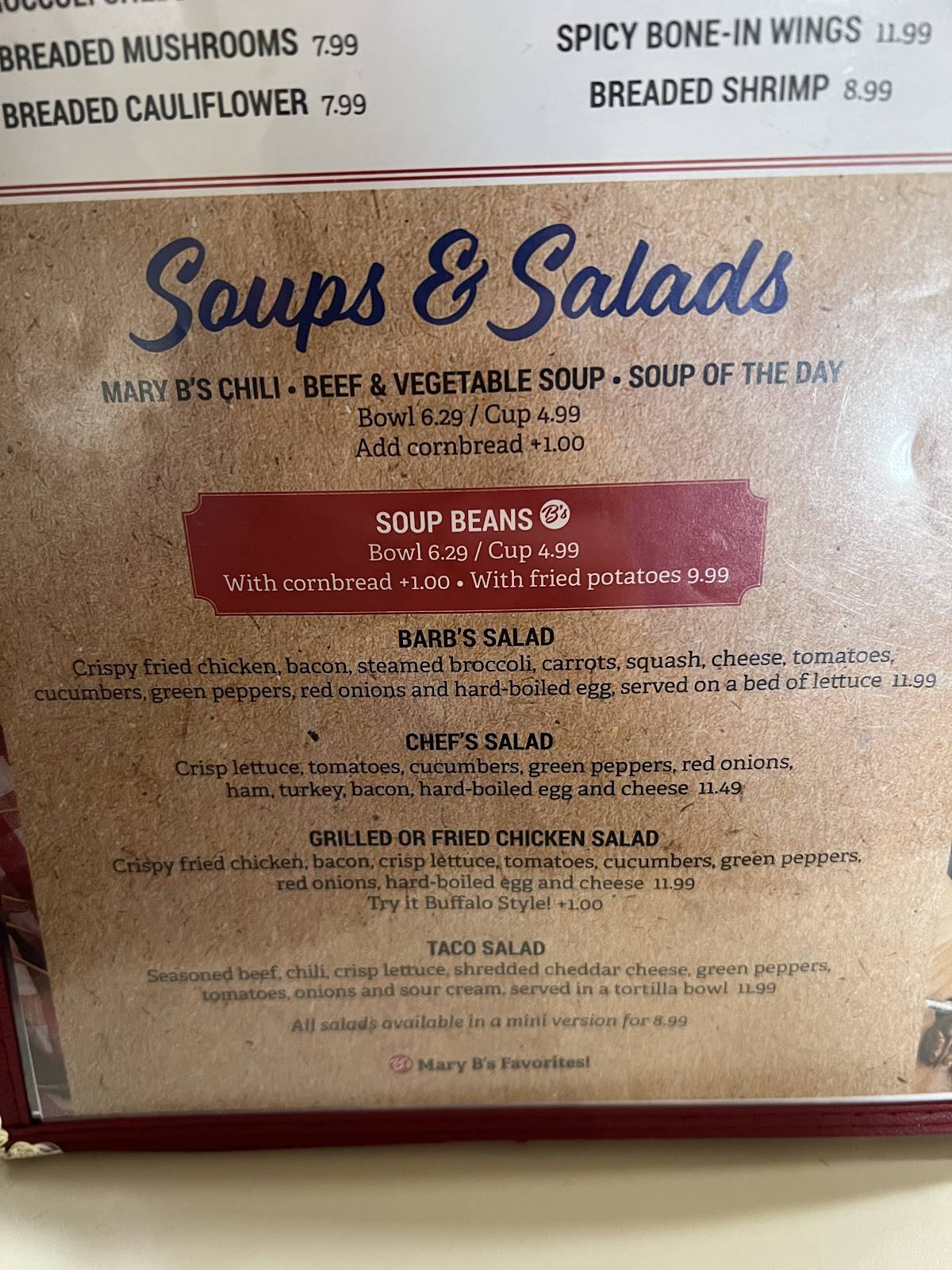 Menu at Mary B's Diner restaurant, Parkersburg