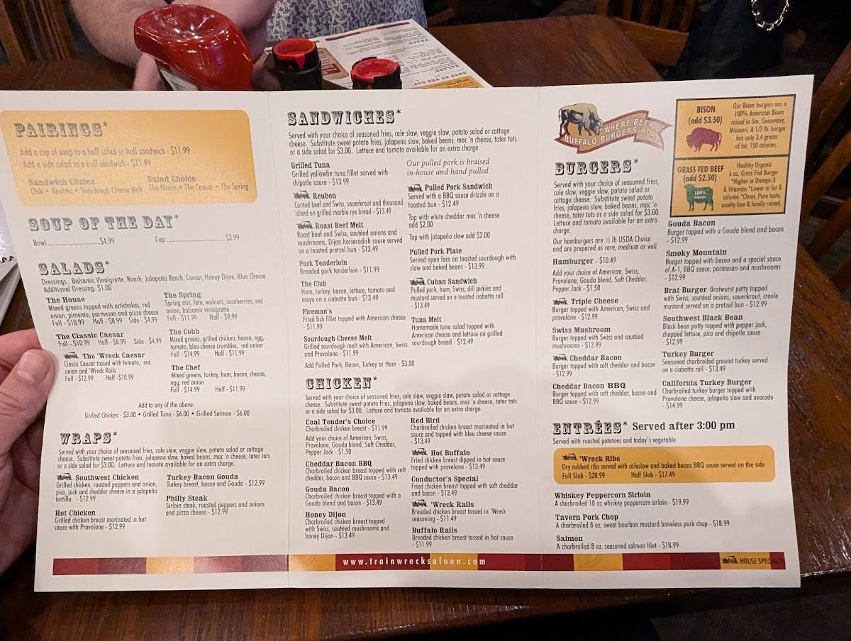 Menu at Trainwreck Saloon Westport restaurant, Maryland Heights