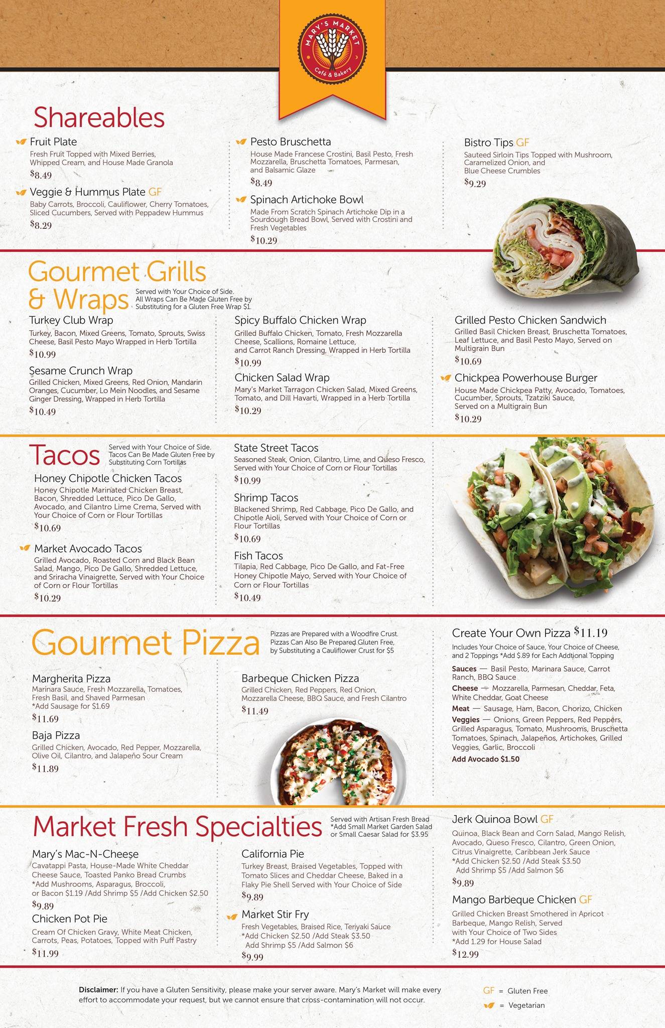 Menu at Mary's Market cafe, Roscoe
