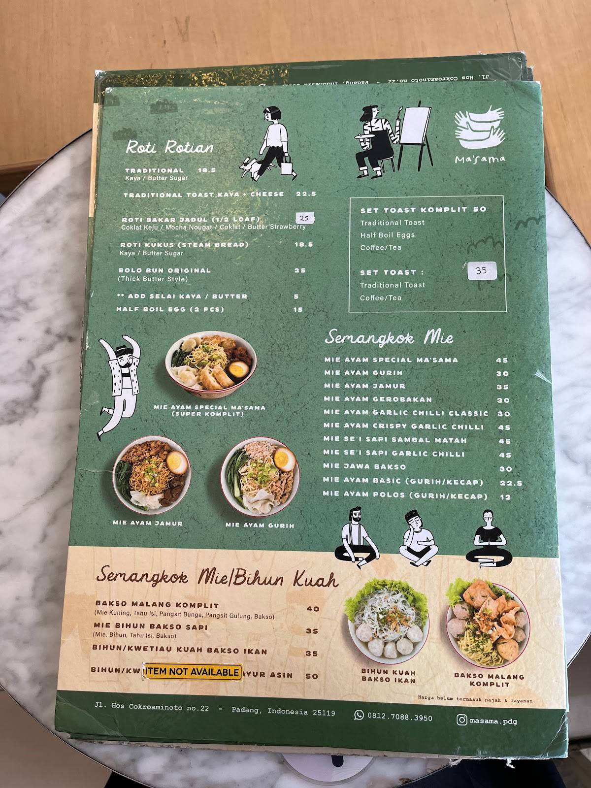 Menu at Ma’sama Padang restaurant, Padang