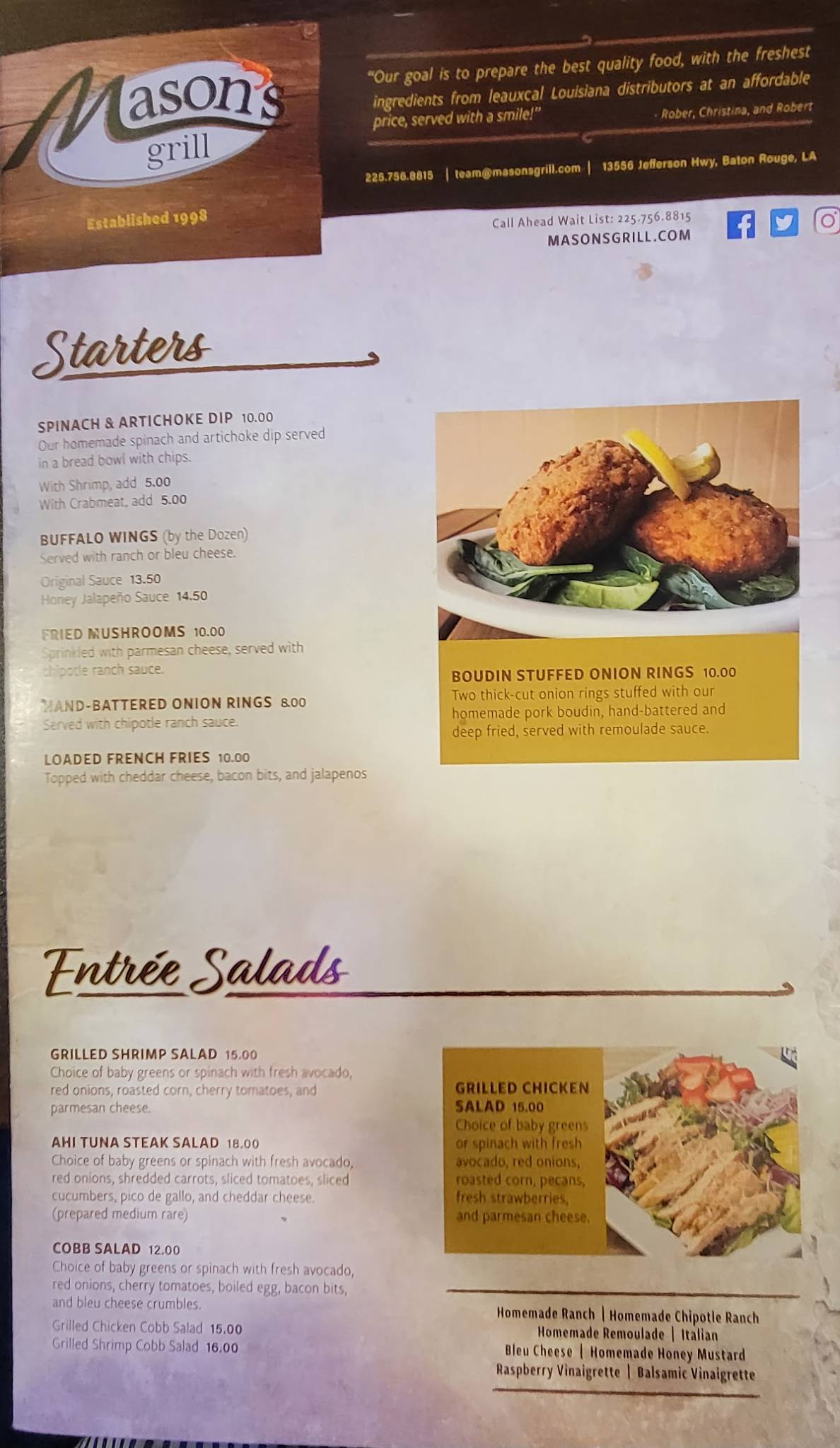 Menu at Mason's Grill restaurant, Baton Rouge