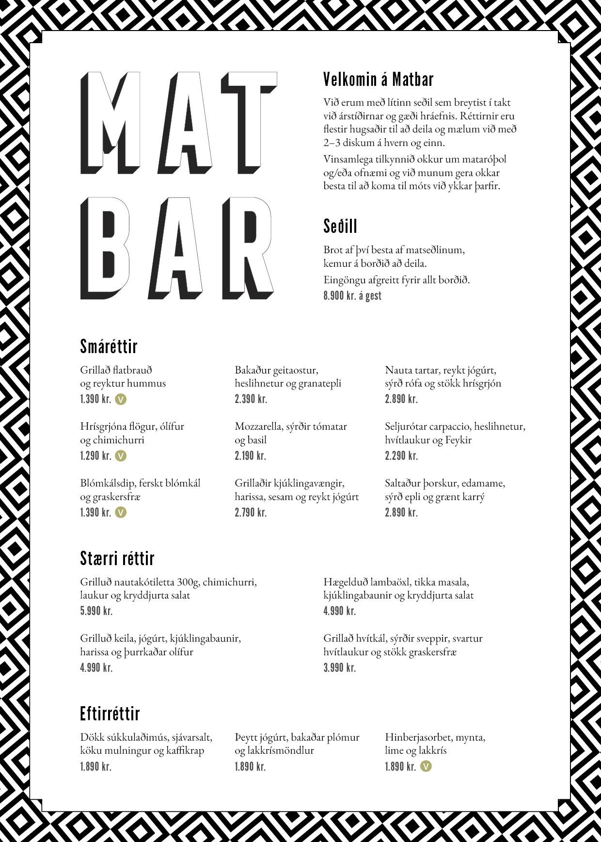 Menu at Mat Bar, Reykjavík