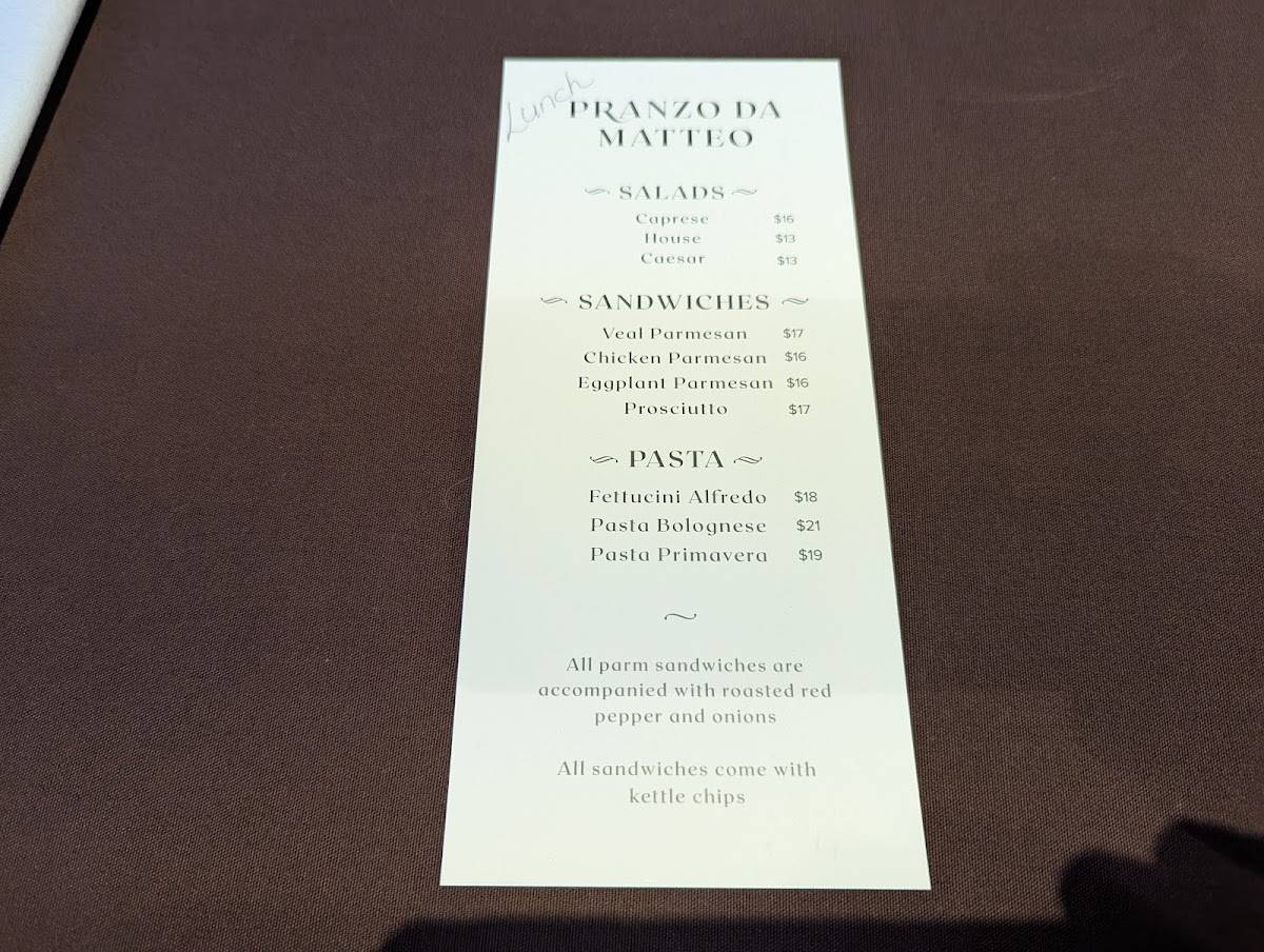 Menu at Matteo's Ristorante restaurant, Welland