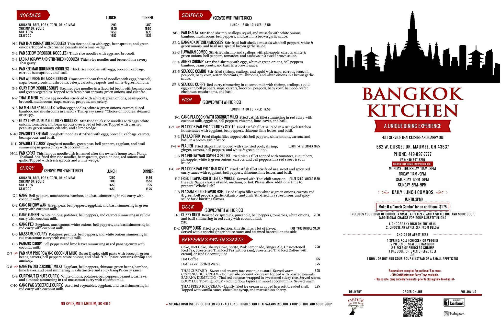 Menu at Bangkok Kitchen restaurant, Maumee, 582 W Dussel Dr