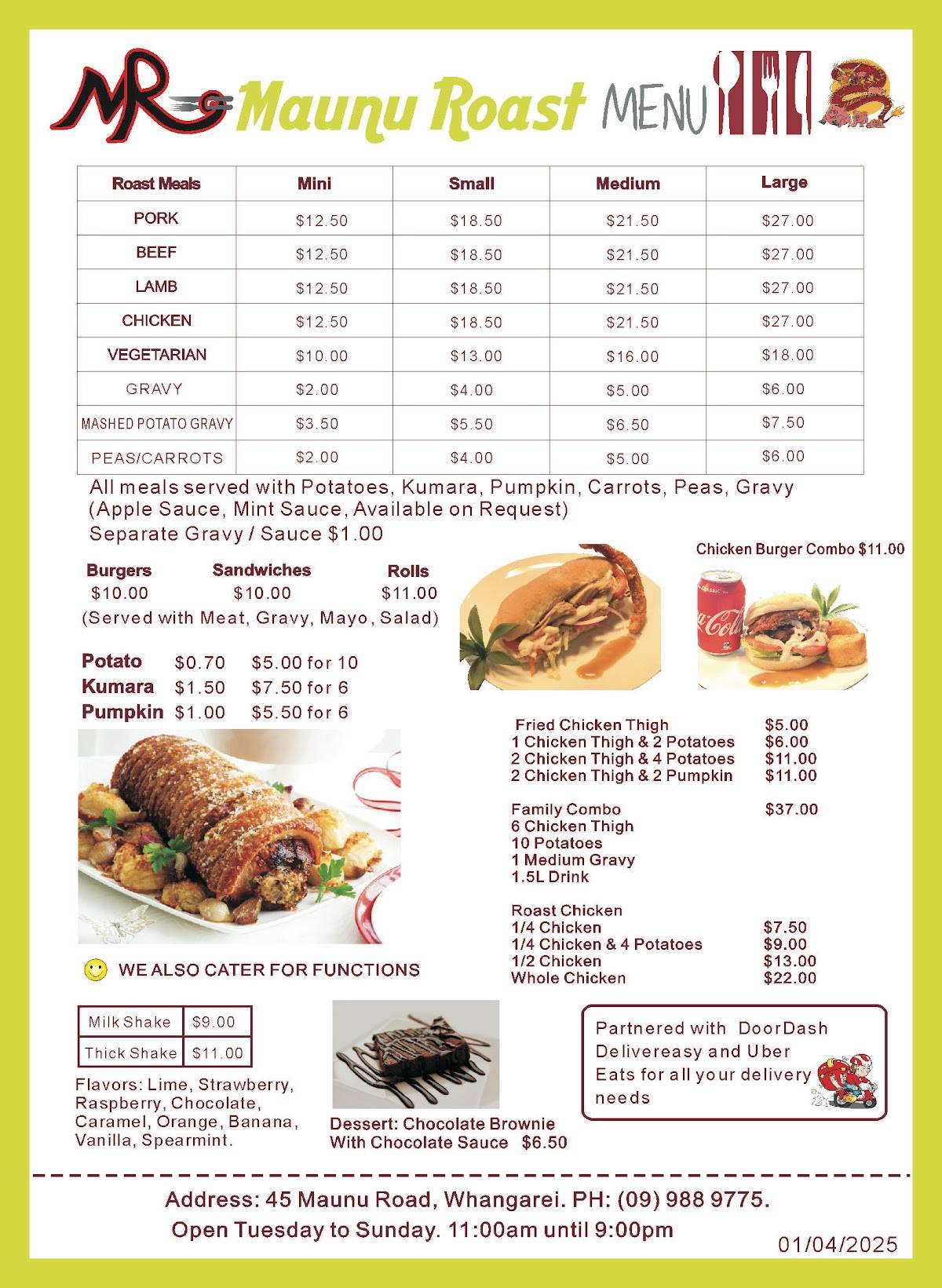 Menu at Maunu Roast Shop restaurant, Whangarei