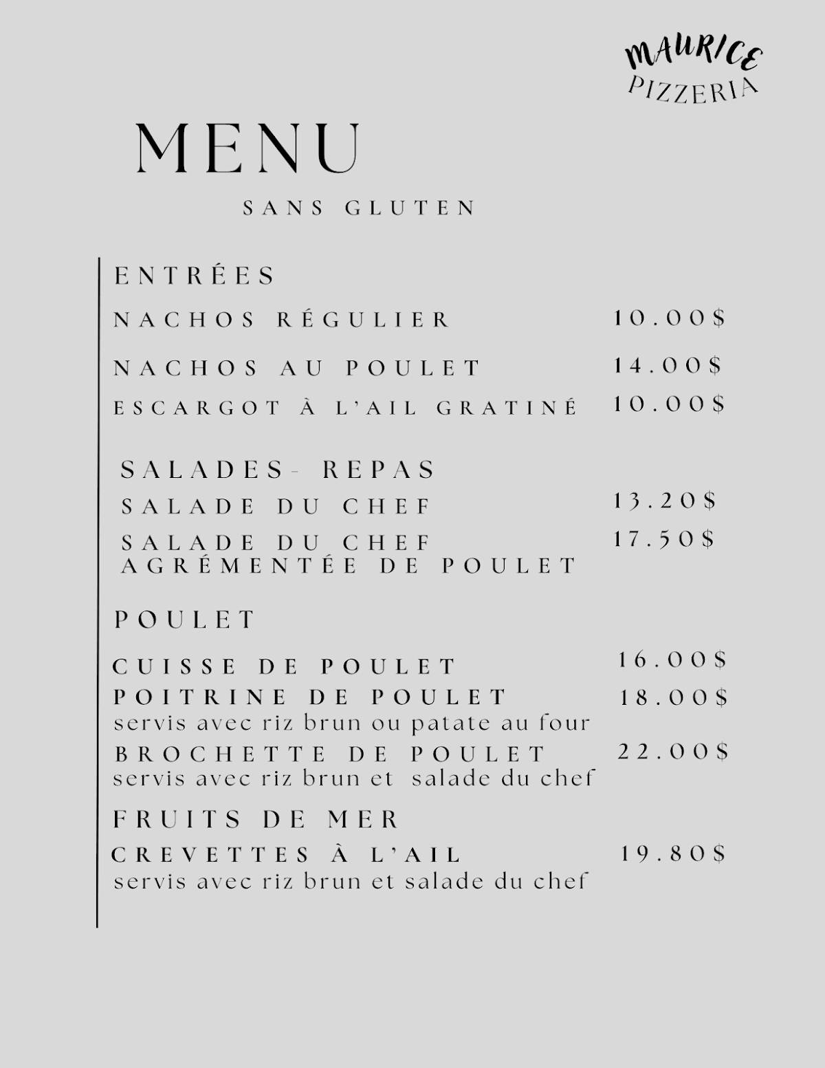 Menu au Maurice Pizzeria, Waterloo