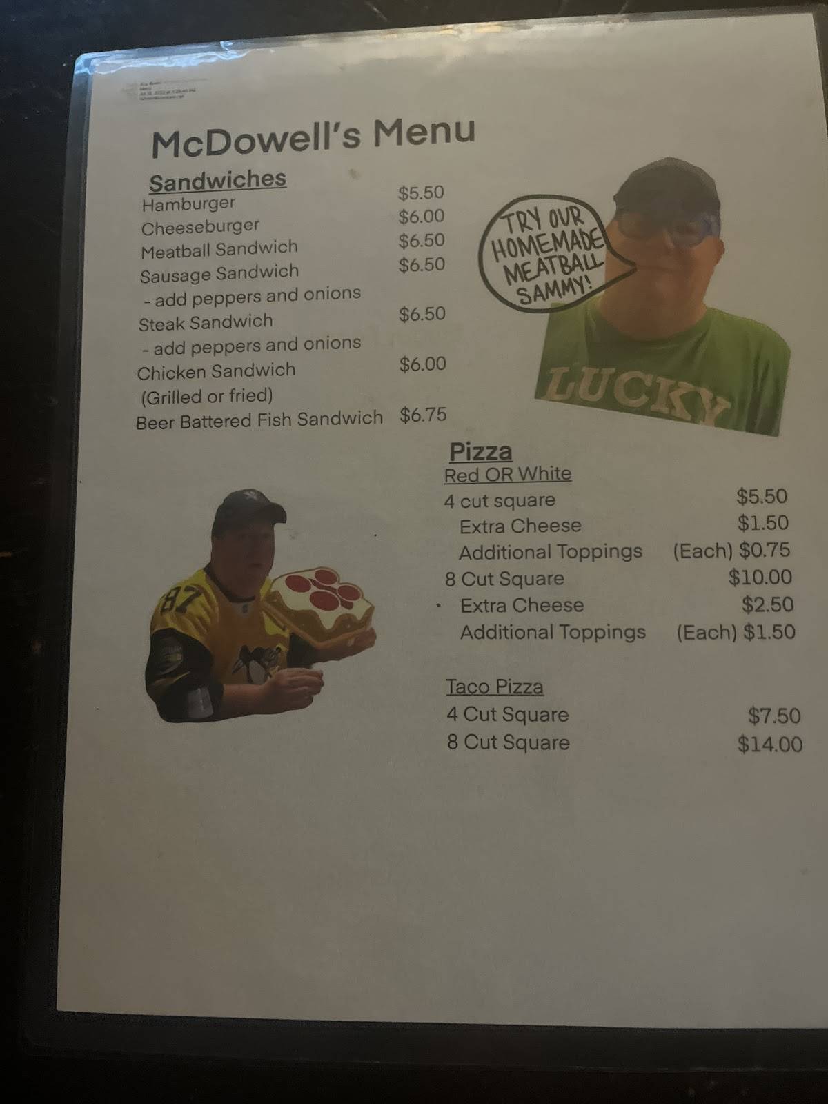 Menu at McDowell's Inn restaurant, Koppel